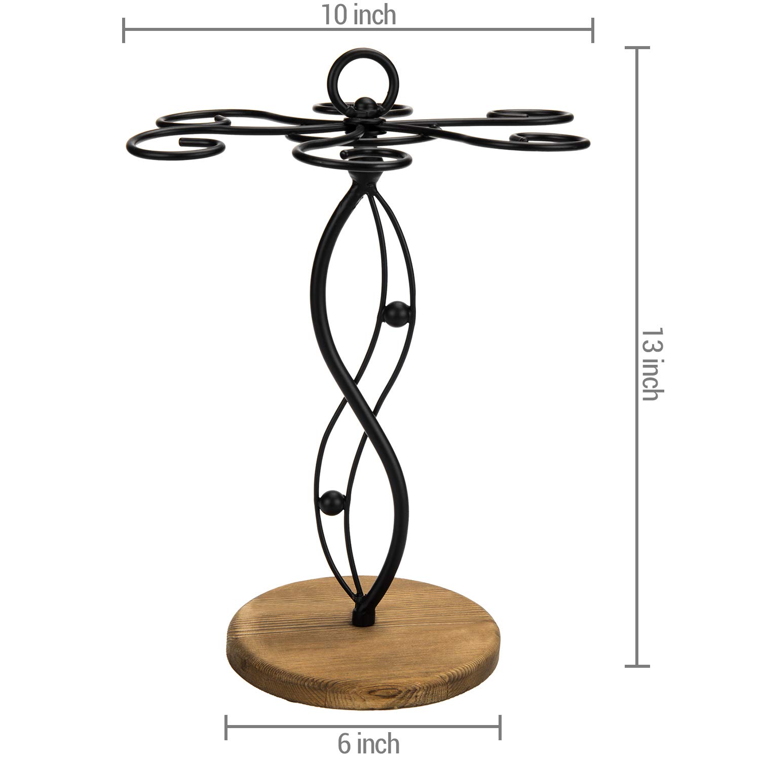MyGift Black Metal Countertop Wine Glass Holder with 6 Hooks, Tabletop Stemware Display Rack with Burnt Wood Base - Holds 6 Wine Glasses