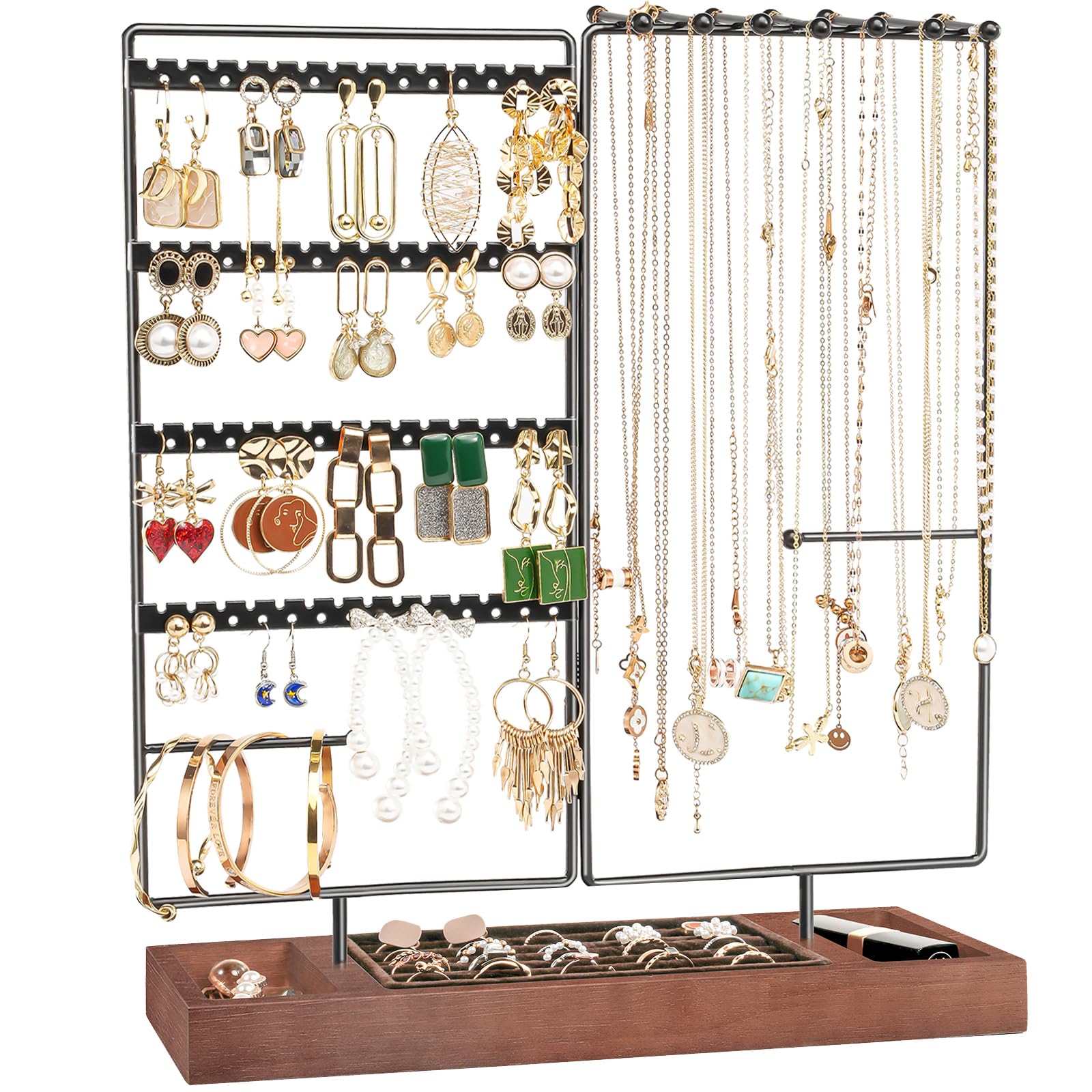ProCase Jewelry Organizer Stand Earring Holder, 144 Holes Stud Earring Display Rack Necklace Holder Storage Tower with Removable Wooden Ring Tray for Earrings Necklaces Bracelets Rings Watches -Black