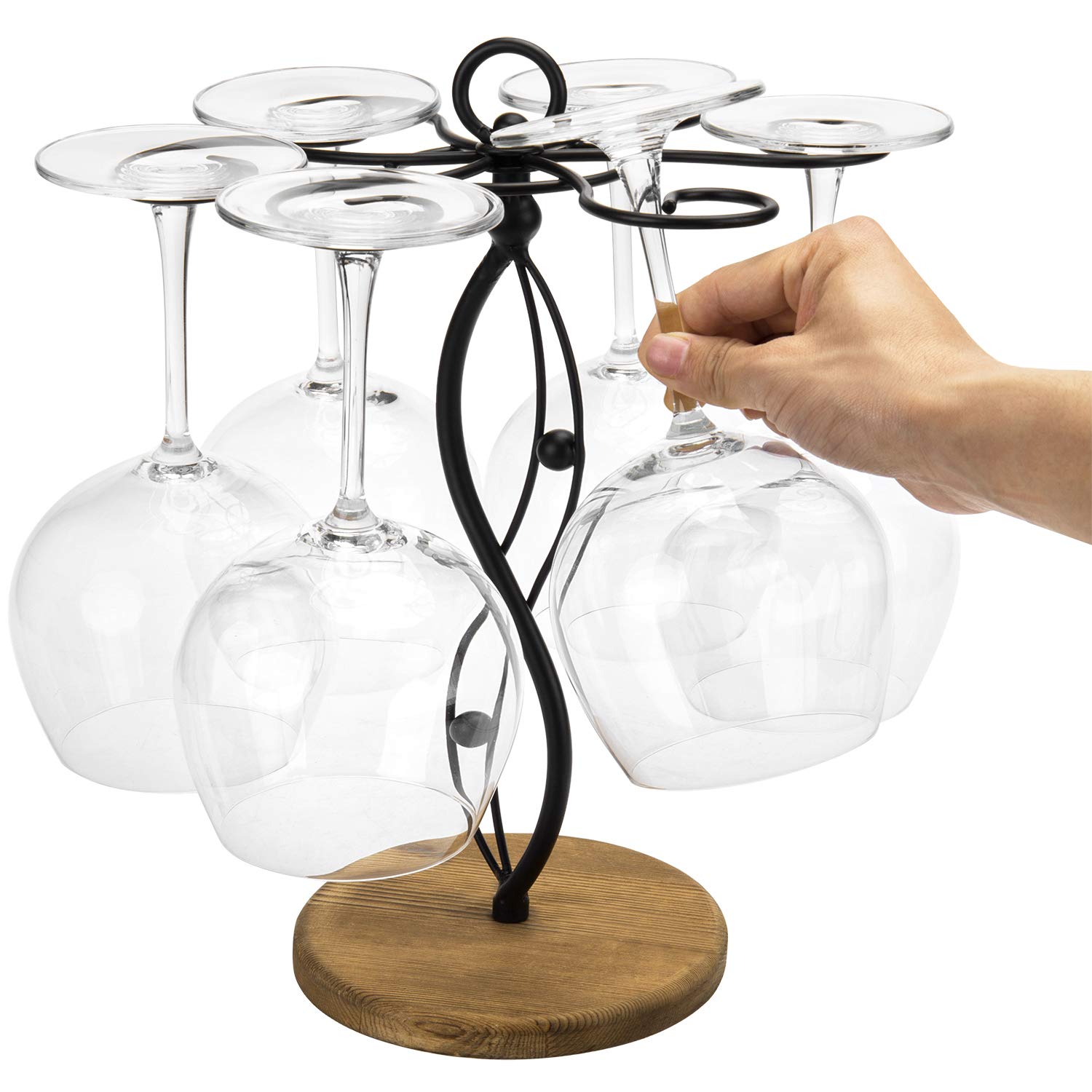 MyGift Black Metal Countertop Wine Glass Holder with 6 Hooks, Tabletop Stemware Display Rack with Burnt Wood Base - Holds 6 Wine Glasses