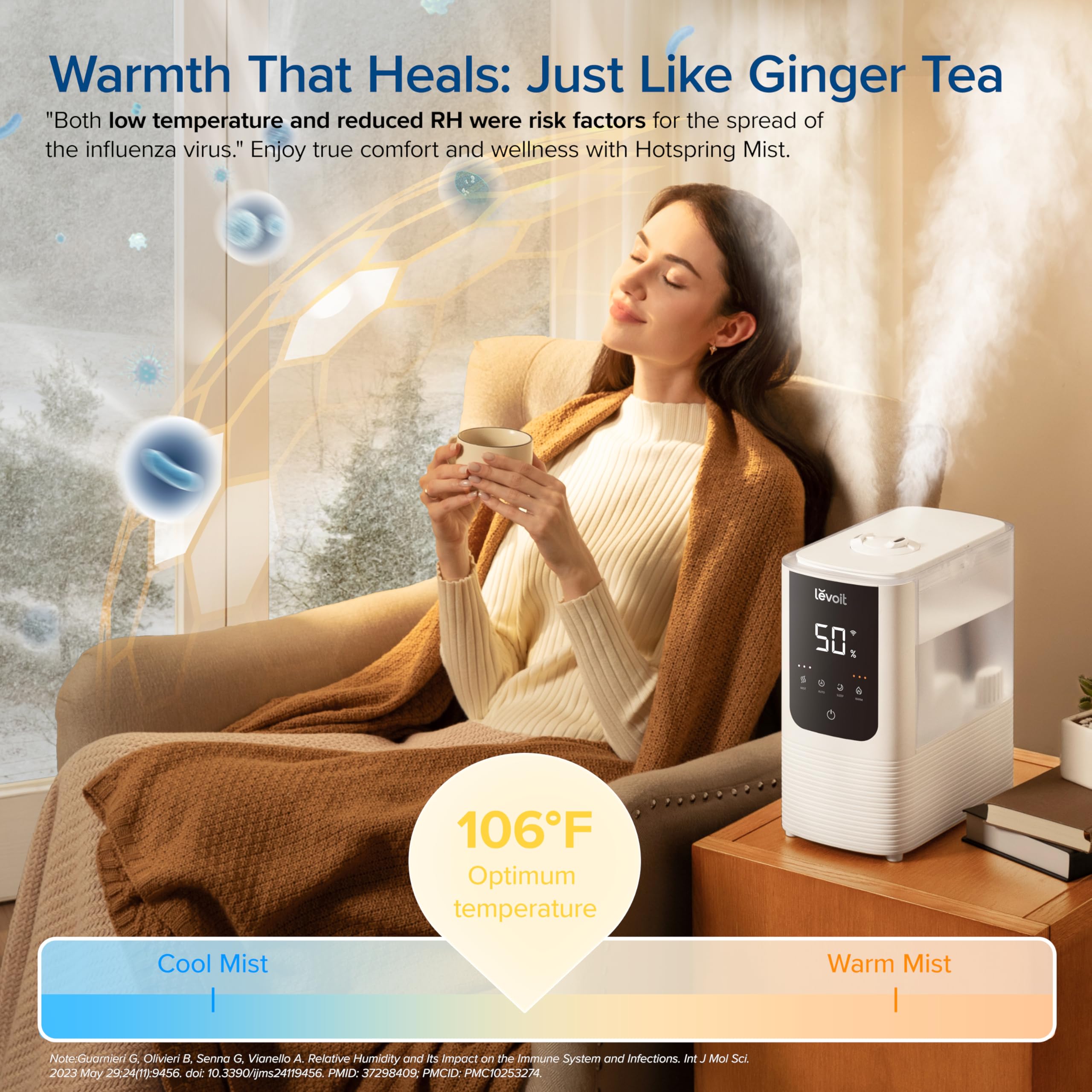 LEVOIT OasisMist Smart Cool and Warm Mist Humidifiers for Bedroom Large Room Home, Auto Customized Humidity, Ultrasonic Top Fill Oil Diffuser for Baby and Plants, Quiet, 4.5L, White