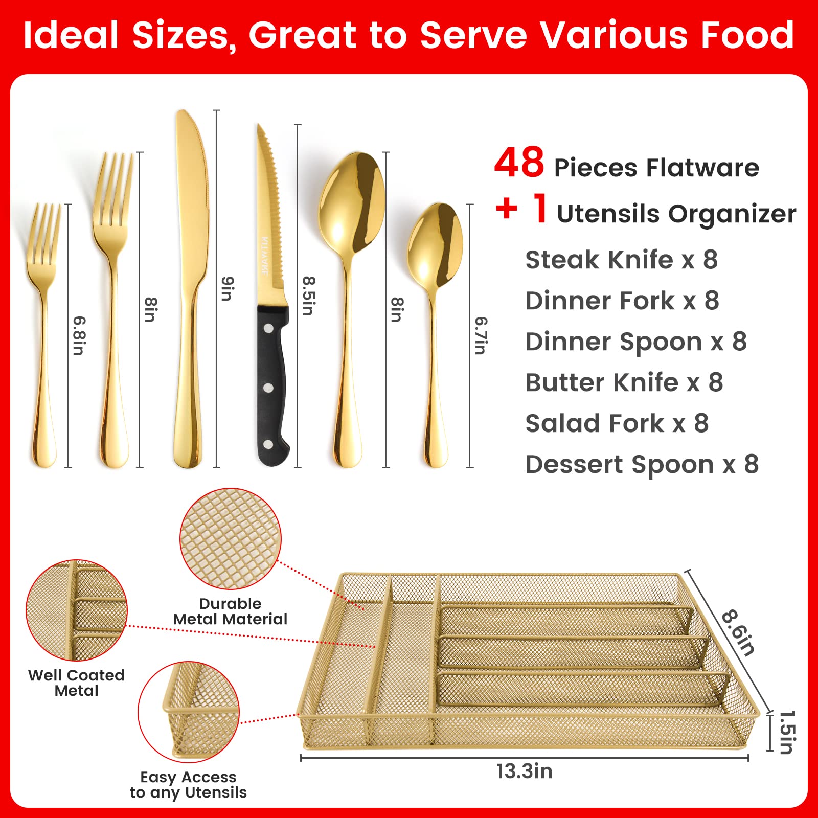 48 pcs Gold Silverware Set with Organizer, Stainless Steel Flatware with Steak Knife for 8, Kitware Utensil Cutlery with Metal Tray, Home Kitchen Knife Fork Spoon, Mirror Polished