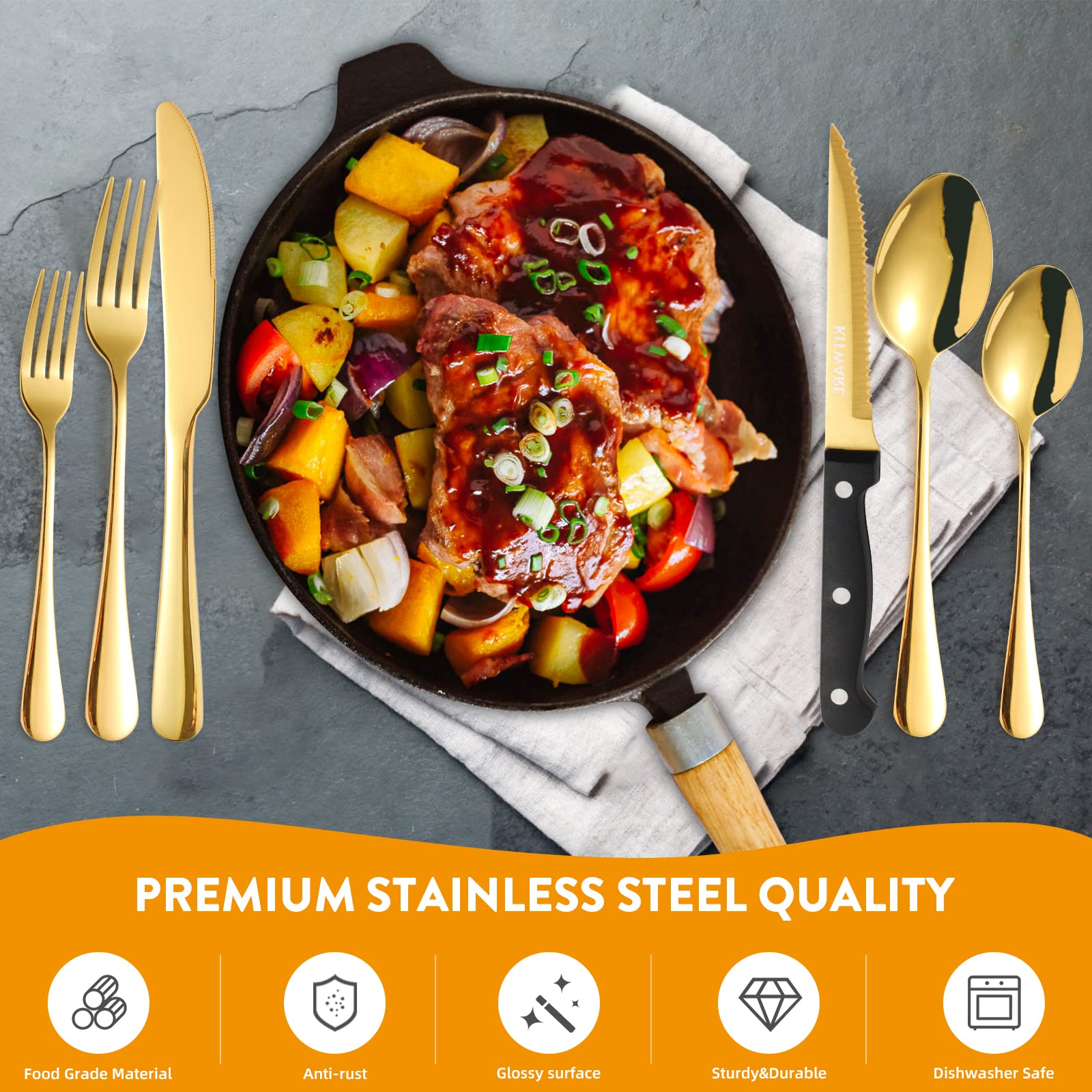 48 pcs Gold Silverware Set with Organizer, Stainless Steel Flatware with Steak Knife for 8, Kitware Utensil Cutlery with Metal Tray, Home Kitchen Knife Fork Spoon, Mirror Polished