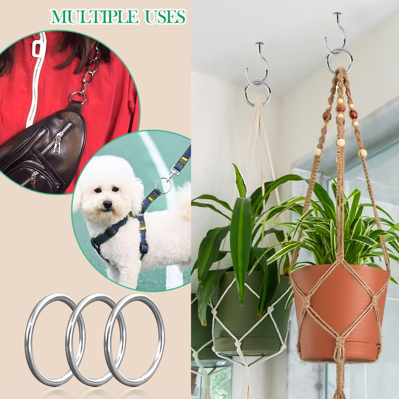 90Pcs 6 Sizes Silver Metal O Rings Multi-Purpose Heavy Duty Round Ring for Hardware Bags Belts Dog Leashes Hanging Basket DIY Craft Supplies, 15mm, 20mm, 25mm, 32mm, 38mm, 50mm