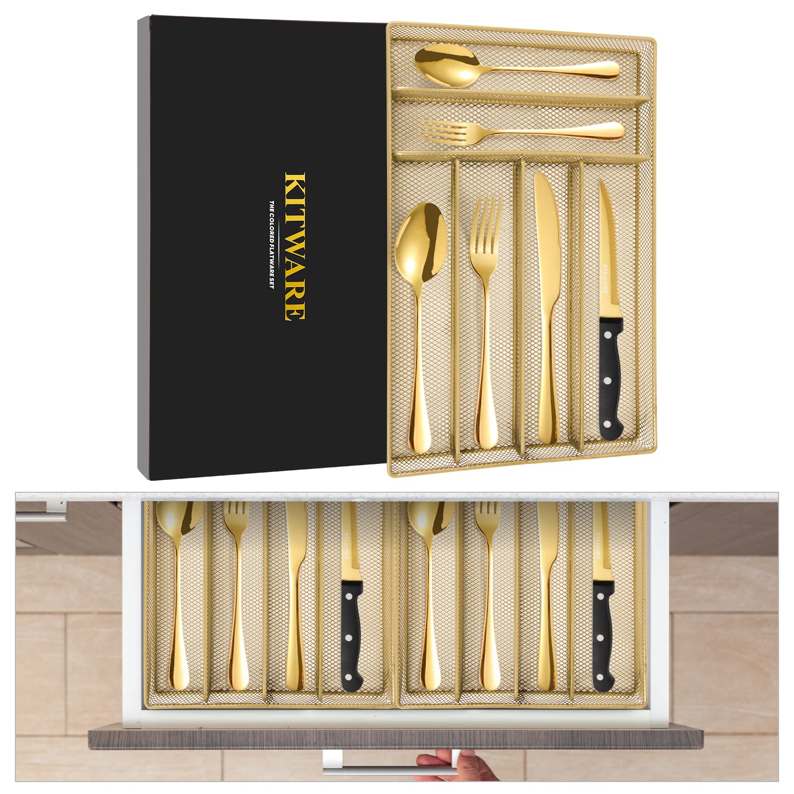 48 pcs Gold Silverware Set with Organizer, Stainless Steel Flatware with Steak Knife for 8, Kitware Utensil Cutlery with Metal Tray, Home Kitchen Knife Fork Spoon, Mirror Polished