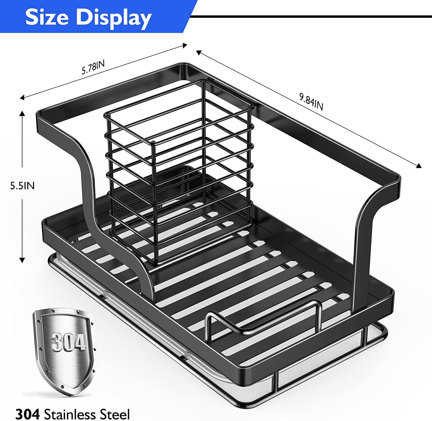 BSKSSK Sink Caddy, Kitchen Sink Organizer Sponge Holder, Dish Soap Scrubber Holder with Removable Drain Pan, Sink Brush Holder Kitchen Sink Stainless Steel for Sponge, Soap, Dishcloth, Scrubber-Black