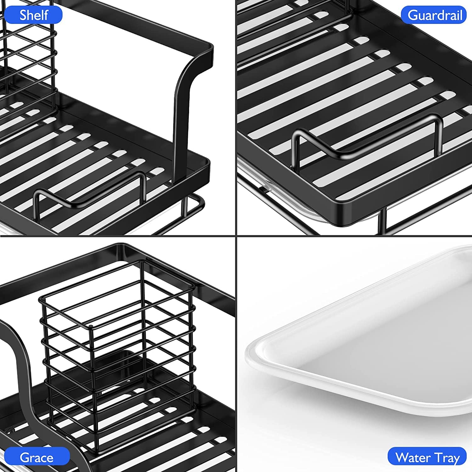 BSKSSK Sink Caddy, Kitchen Sink Organizer Sponge Holder, Dish Soap Scrubber Holder with Removable Drain Pan, Sink Brush Holder Kitchen Sink Stainless Steel for Sponge, Soap, Dishcloth, Scrubber-Black