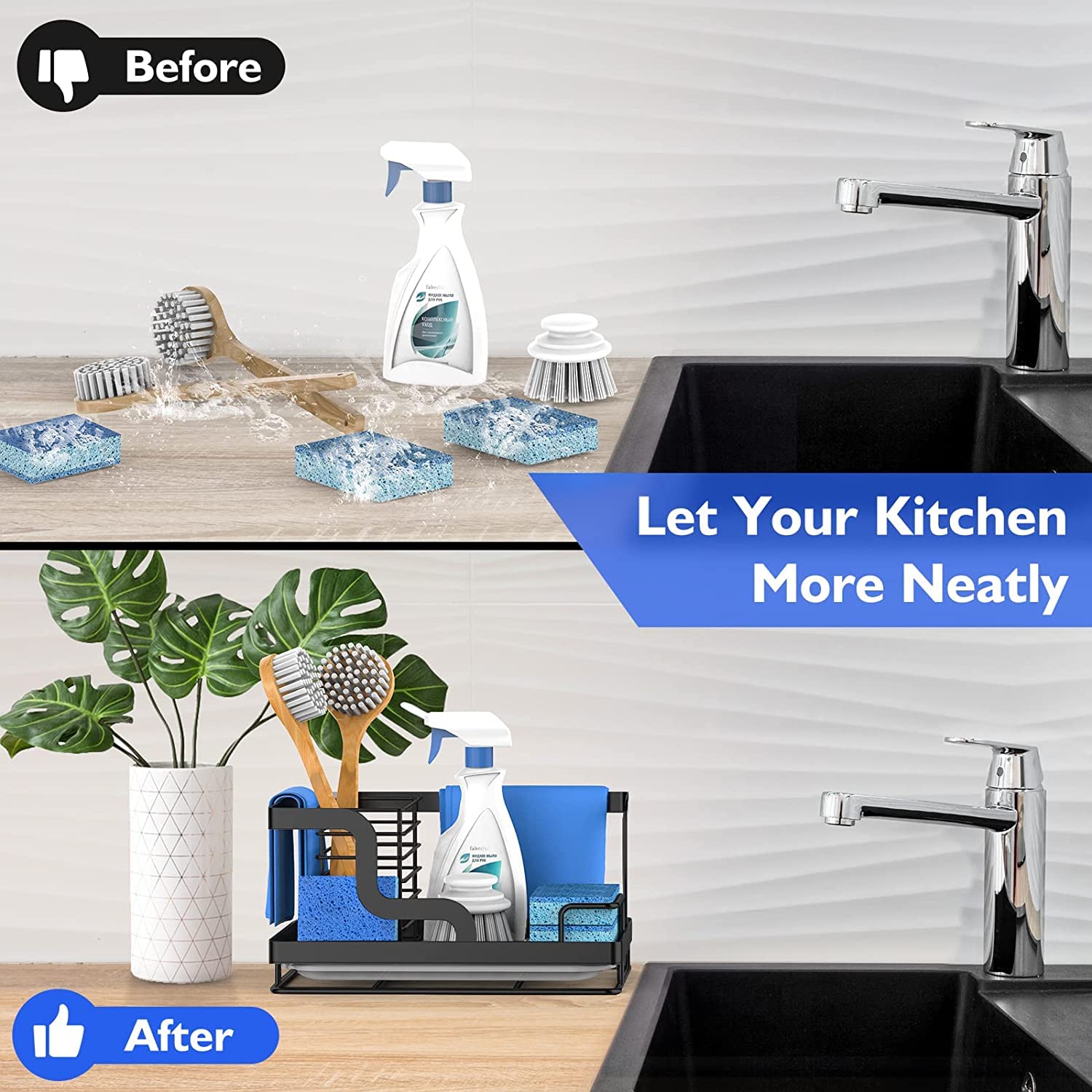 BSKSSK Sink Caddy, Kitchen Sink Organizer Sponge Holder, Dish Soap Scrubber Holder with Removable Drain Pan, Sink Brush Holder Kitchen Sink Stainless Steel for Sponge, Soap, Dishcloth, Scrubber-Black