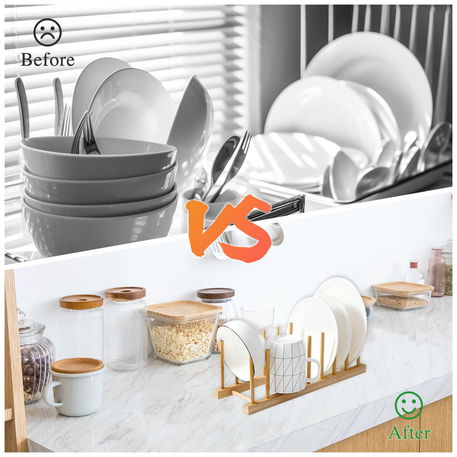 MOAMUN 2 Pack Bamboo Dish Drying Rack Plate Rack Stand Pot Lid Holder Cabinet Dish Organizer Rack Drainer Storage Holder for Dish Bowl, Cup, Cutting Board and More