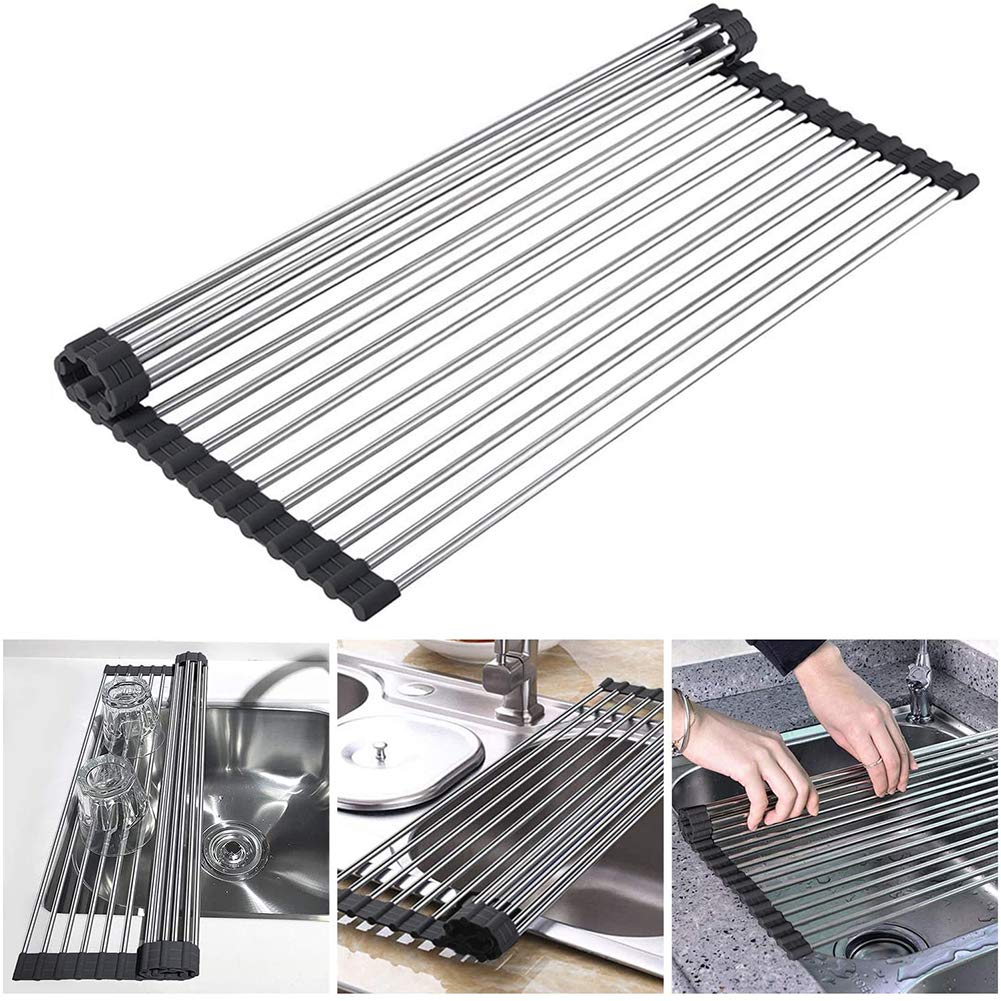 Rcdegk Roll Up Dish Drying Rack Over The Sink Kitchen Counter, The Multipurpose Sink Dish Drainer Mat for Fruits and Vegetable Rinser,Durable Silicone Covered Stainless Steel Rod,Large - 20.5" x 16"
