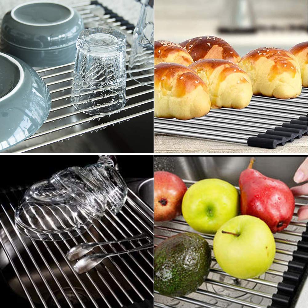 Rcdegk Roll Up Dish Drying Rack Over The Sink Kitchen Counter, The Multipurpose Sink Dish Drainer Mat for Fruits and Vegetable Rinser,Durable Silicone Covered Stainless Steel Rod,Large - 20.5" x 16"