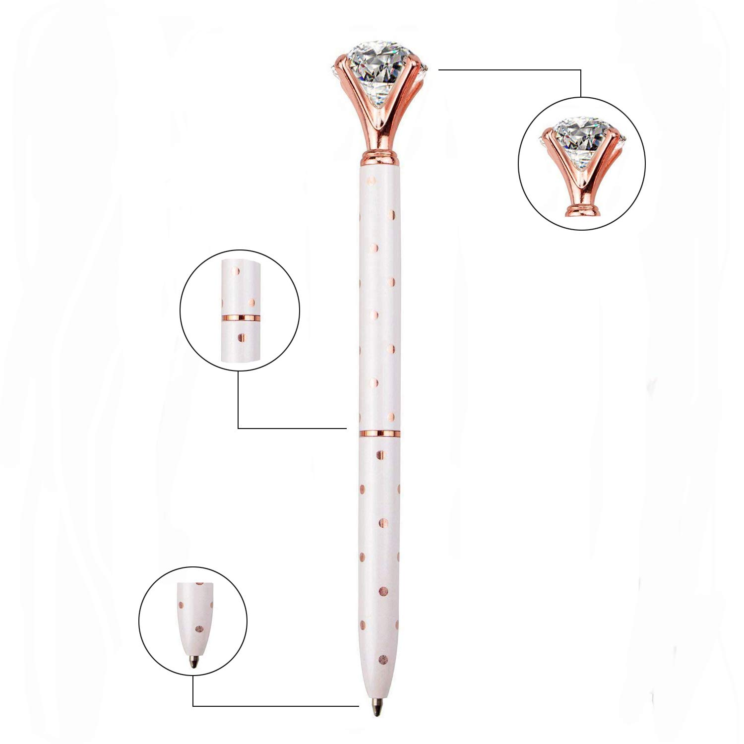 LONGKEY 3PCS Large Crystal Diamond Pen Bling Metal Ballpoint Pen Office and School, Silver / White Rose Polka Dot / Rose Gold, Including 3Pen Refills.
