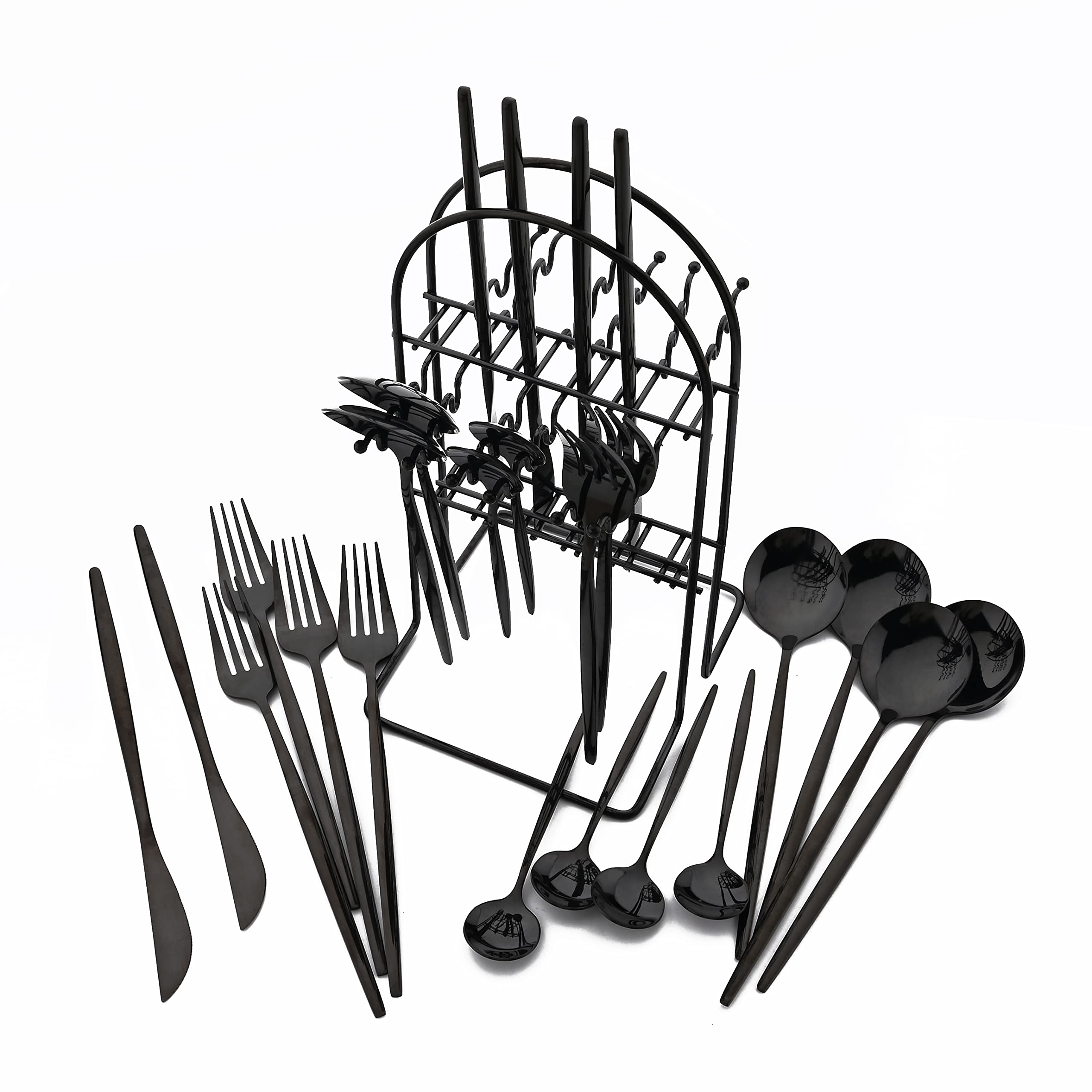 Uniturcky 24 Piece Hanging Flatware Set, Stainless Steel Family Kitchen Utensil Set with Rack, Cutlery set for 6 with Holder, Silverware Sets with Holder, Hanging flatware set, Mirror Polished(Black)