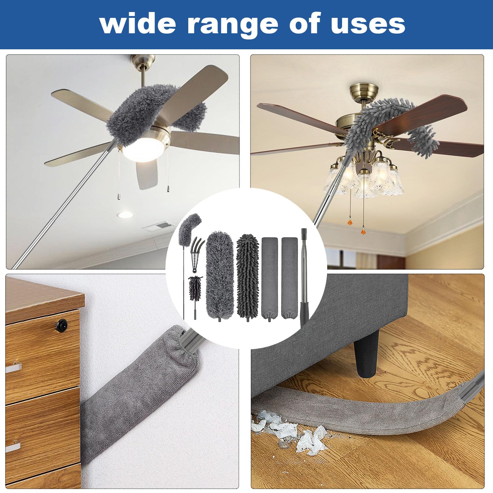 Dusters for Cleaning High Ceiling Fan, Microfiber Duster with Extension Pole 30-100 Inches, FUUNSOO Retractable Gap Dust Brush Cleaner Long Feather Duster for Cleaning Cobweb, Blinds, Furniture
