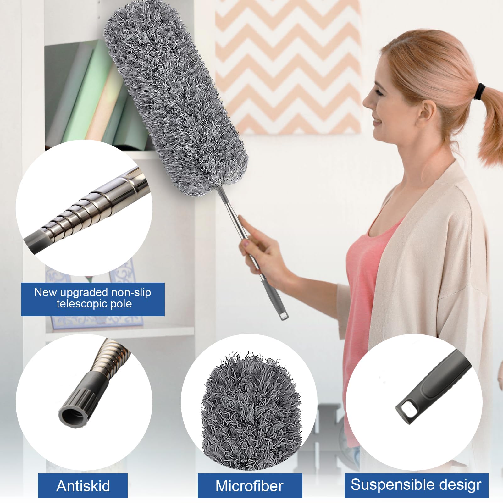 Dusters for Cleaning High Ceiling Fan, Microfiber Duster with Extension Pole 30-100 Inches, FUUNSOO Retractable Gap Dust Brush Cleaner Long Feather Duster for Cleaning Cobweb, Blinds, Furniture