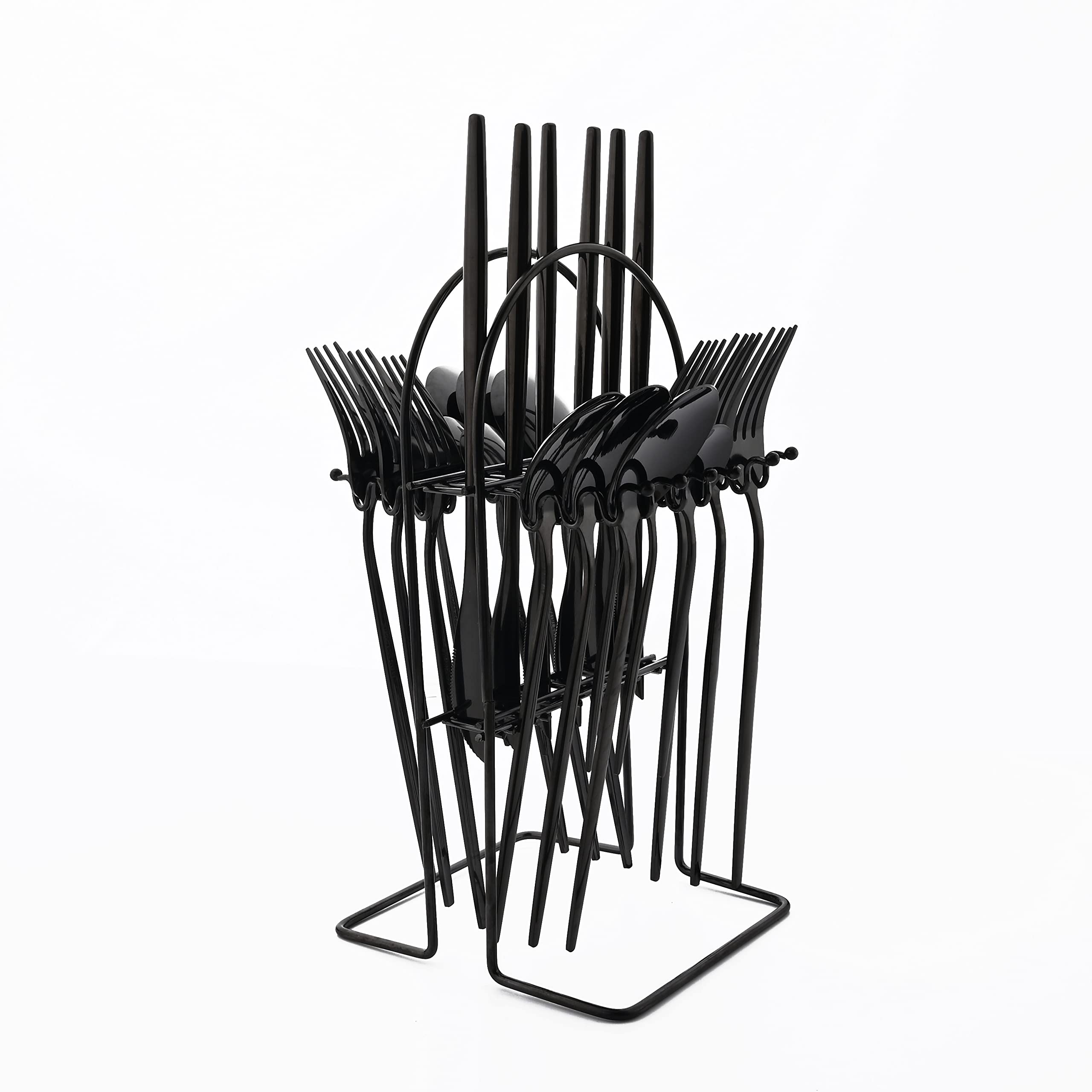 Uniturcky 24 Piece Hanging Flatware Set, Stainless Steel Family Kitchen Utensil Set with Rack, Cutlery set for 6 with Holder, Silverware Sets with Holder, Hanging flatware set, Mirror Polished(Black)