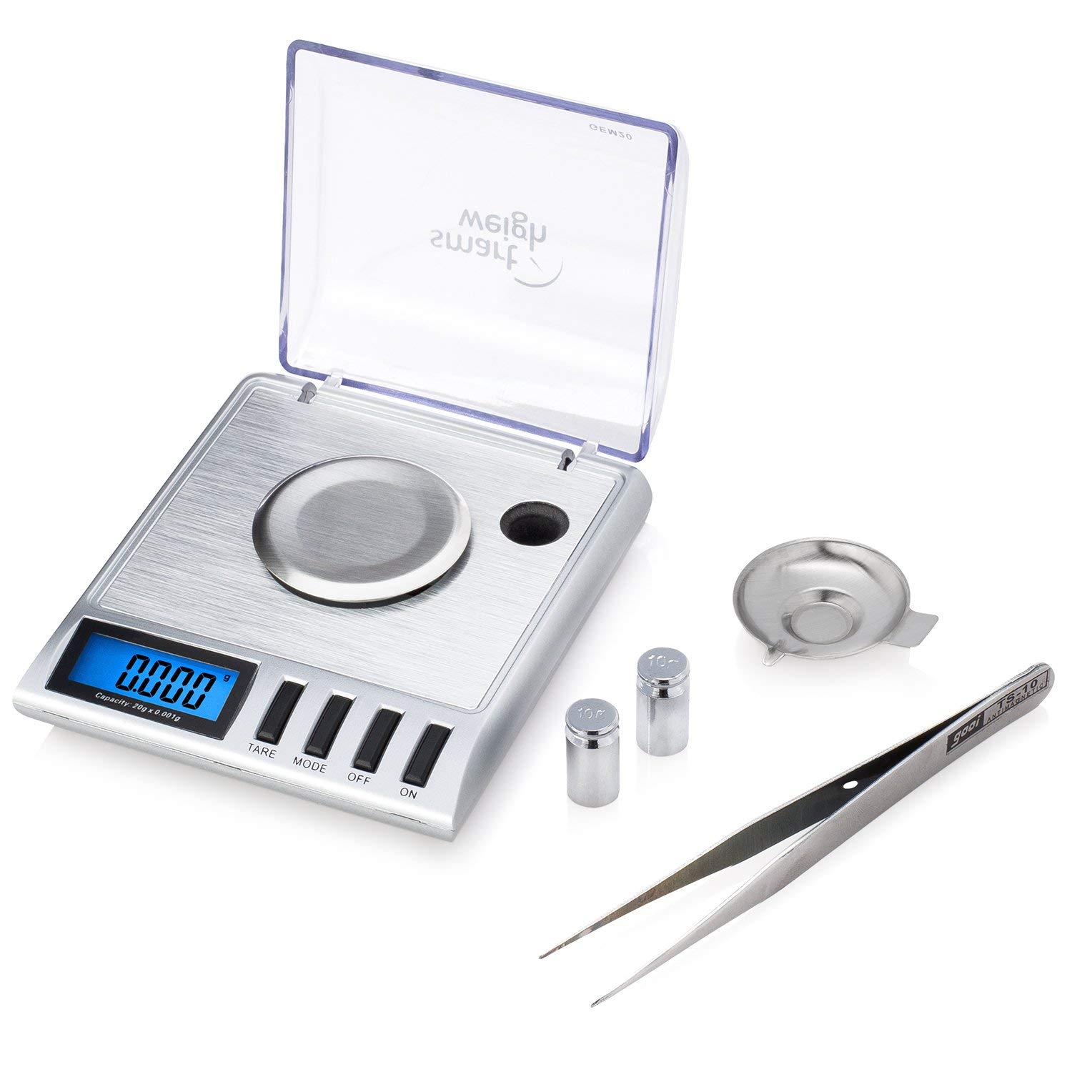Smart Weigh GEM20-20g x 0.001 grams, High Precision Digital Milligram Jewelry Scale, Reloading, Jewelry and Gems Scale, Calibration Weights and Tweezers Included