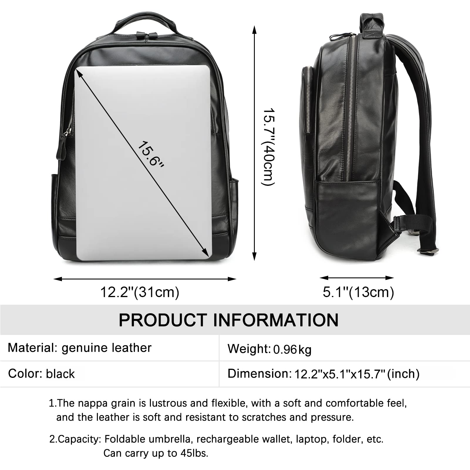 DEHAI Genuine Leather Laptop Backpack For Men 15.6 inch Computer Business Travel Shoulder Bag Large Capacity Women Back Pack Purses Work Daypacks for Weekender/Shopping/Casual/College-Black