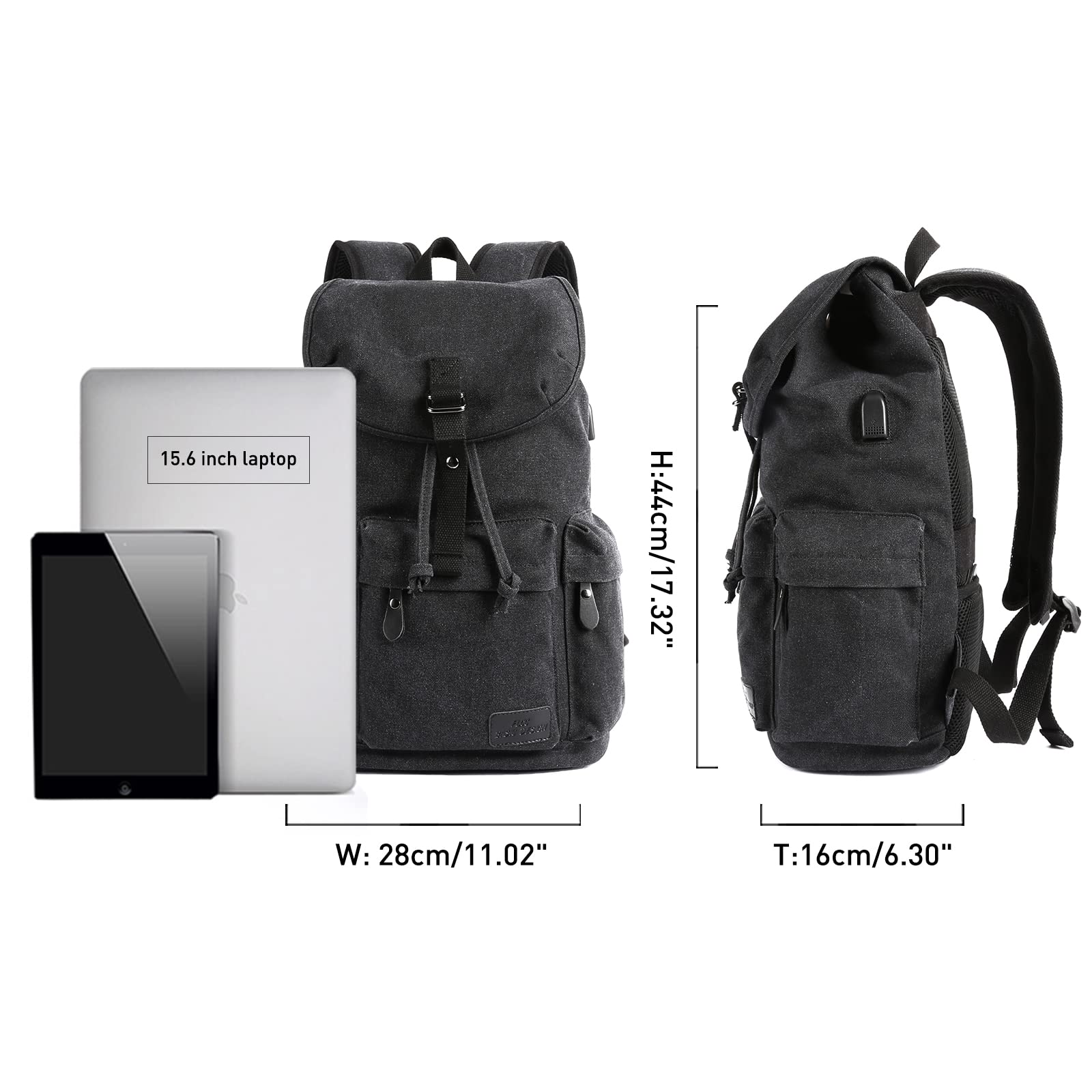 Small Canvas Vintage Backpack for Men Women,Travel Laptop Backpack with USB Charging Port,School College Backpack Book Bag Casual Rucksack Fits 15.6 Inch Laptop,Black