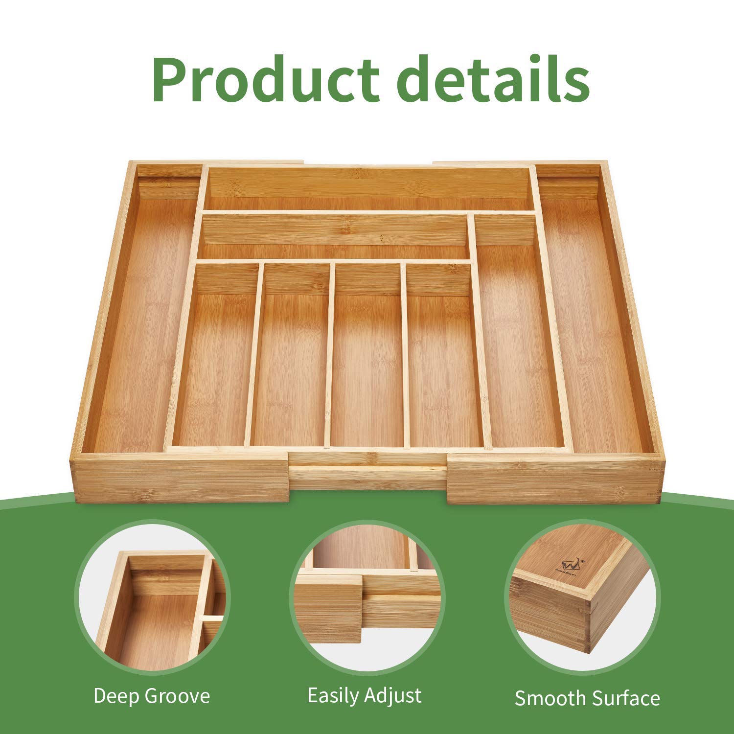 W WOODSUN Bamboo Kitchen Drawer Organizer, Utensil Tray Drawer Organizer, Expandable Flatware Organizer with Divider, Fit for Kitchen Bedroom Clothroom Readroom
