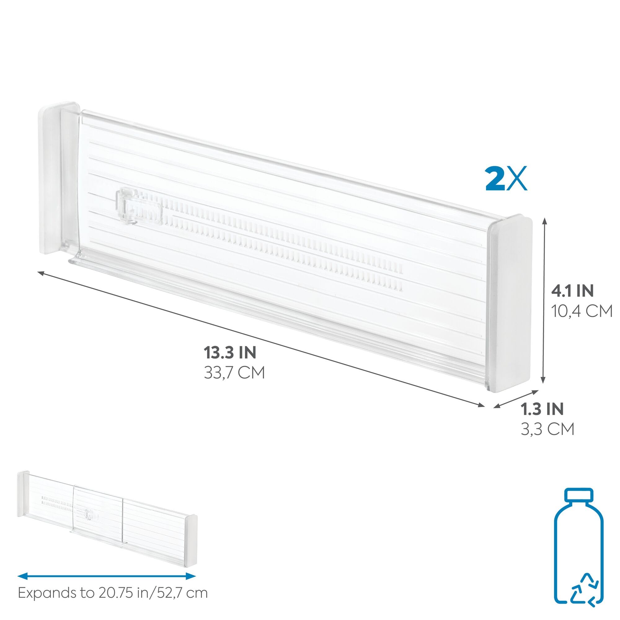 iDesign Plastic Adjustable Deep Drawer Divider, Kitchen, Dresser, Desk, Bathroom and More, The Linus Collection β Set of 4, Expandable 13.25β β 20.75β, Clear