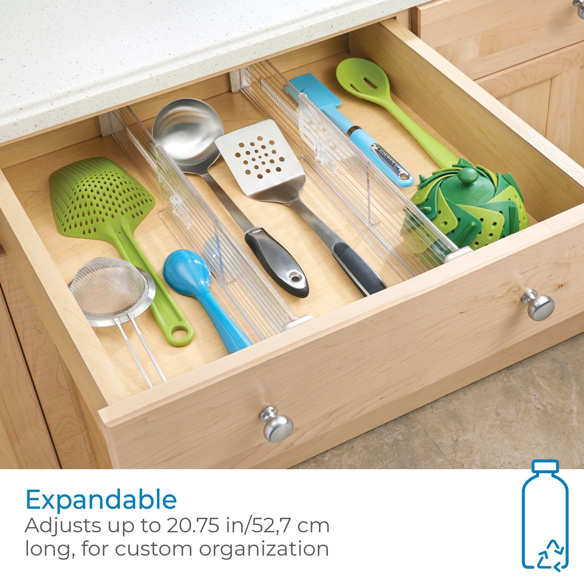 iDesign Plastic Adjustable Deep Drawer Divider, Kitchen, Dresser, Desk, Bathroom and More, The Linus Collection β Set of 4, Expandable 13.25β β 20.75β, Clear