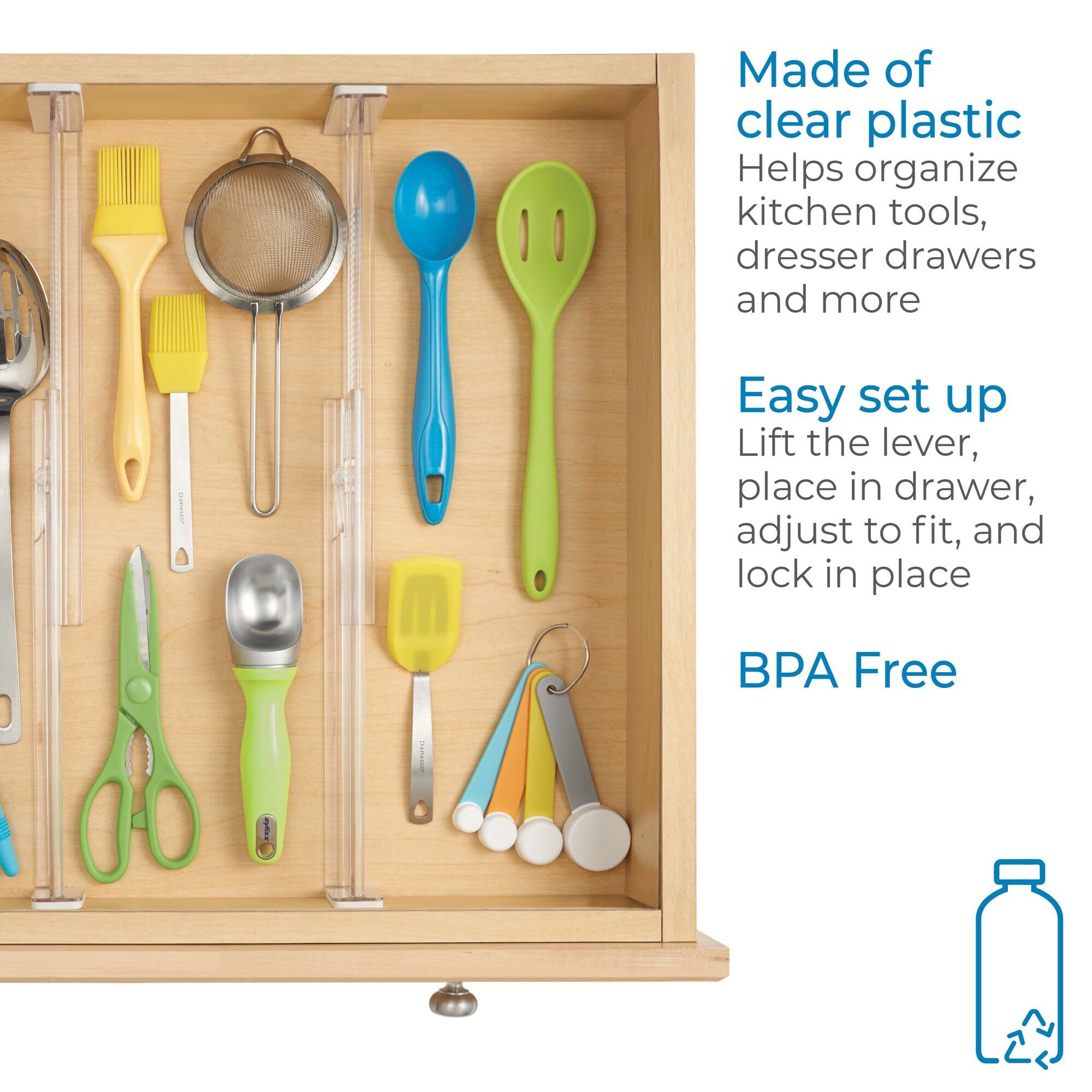 iDesign Plastic Adjustable Deep Drawer Divider, Kitchen, Dresser, Desk, Bathroom and More, The Linus Collection β Set of 4, Expandable 13.25β β 20.75β, Clear