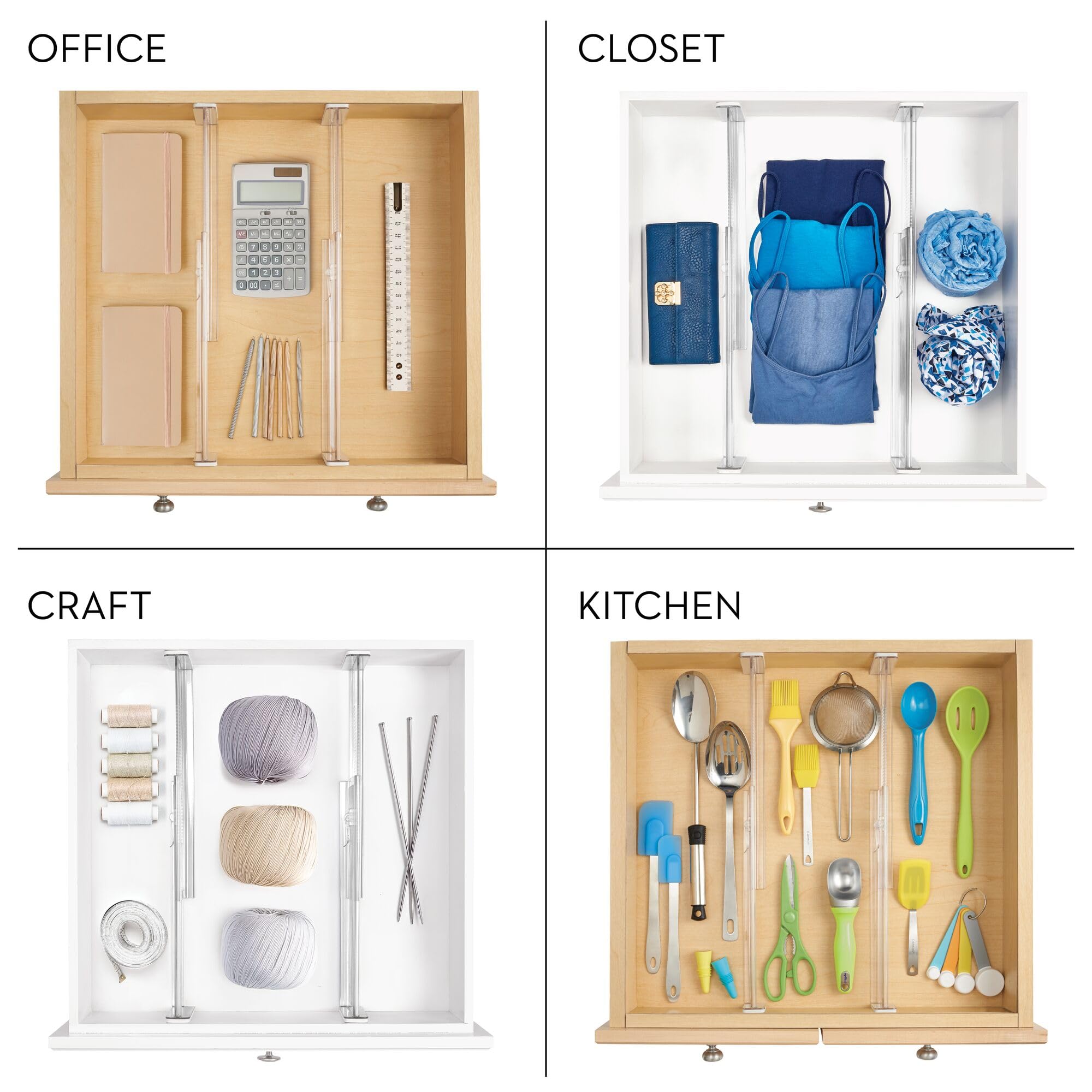 iDesign Plastic Adjustable Deep Drawer Divider, Kitchen, Dresser, Desk, Bathroom and More, The Linus Collection β Set of 4, Expandable 13.25β β 20.75β, Clear