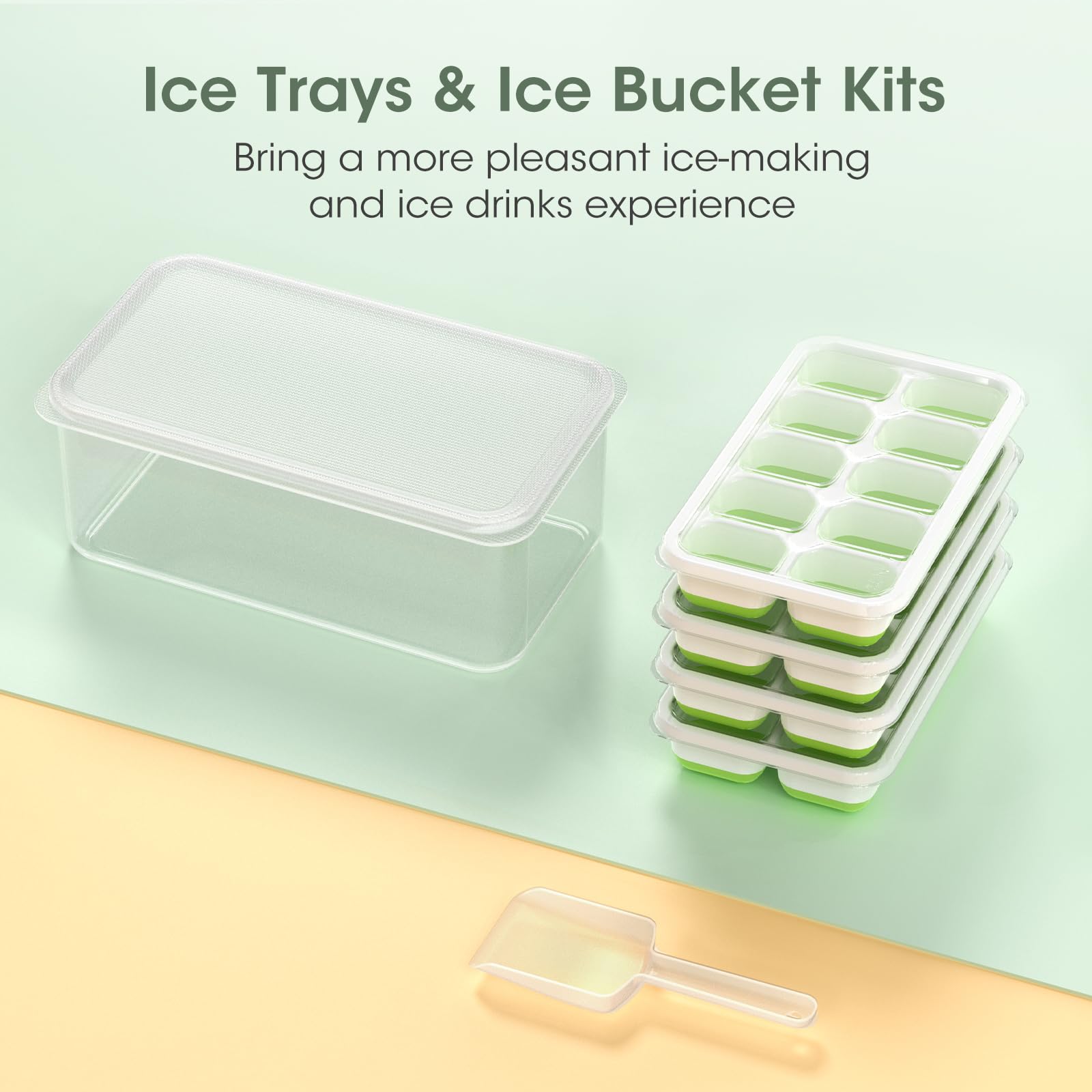 DOQAUS Ice Cube Tray with Lid and Bin, Silicone & Plastic Ice Cube Trays for Freezer with Ice Box, 4 Pack Ice Trays with Ice Container, Stackable Ice Tray with Storage Ice Bucket Bin, Ice Tong & Scoop
