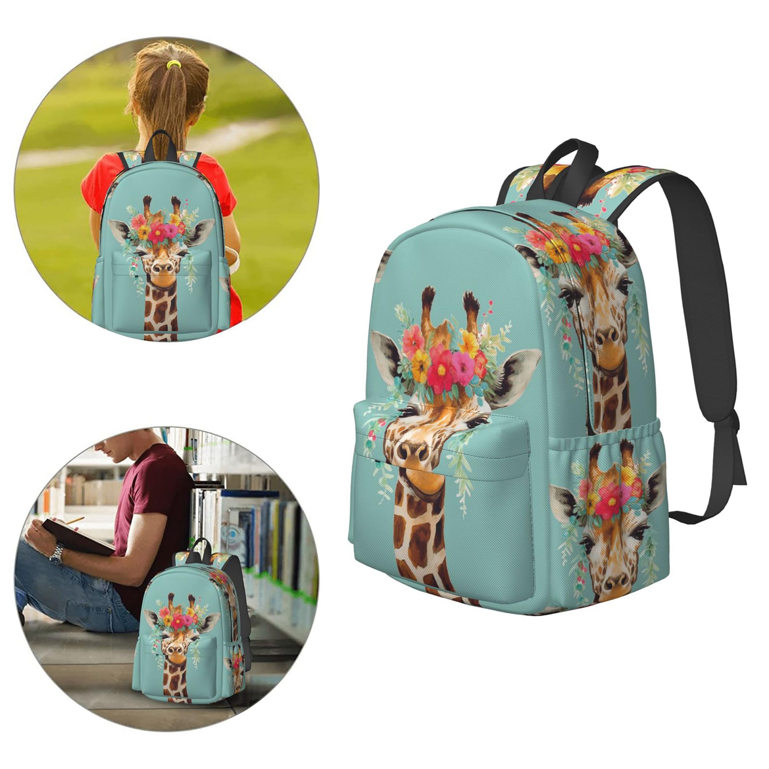 FeHuew 16 inch backpack Giraffe with Floral Headpiece Laptop Backpack Full Print School Bookbag Shoulder Bag for Travel Daypack