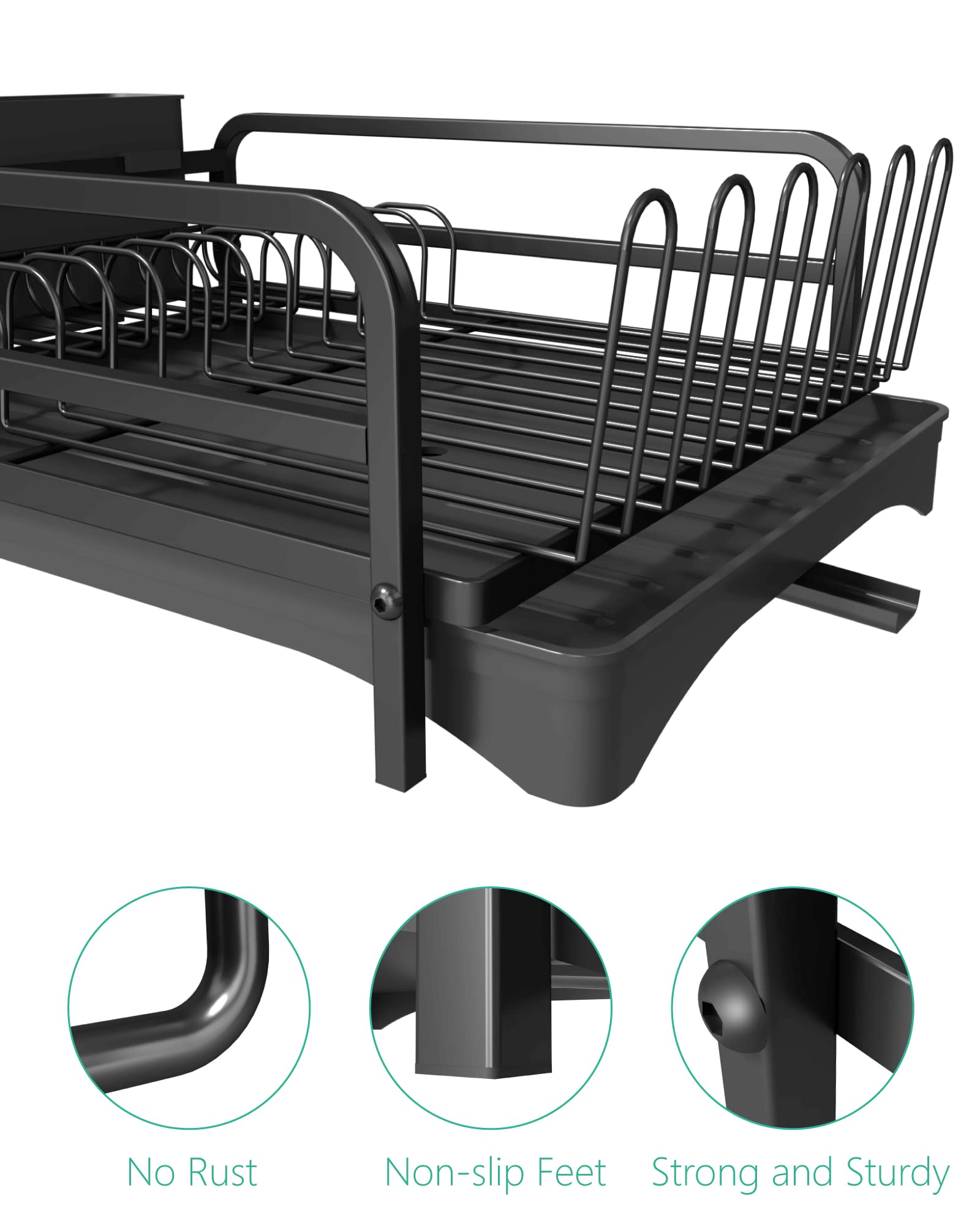 Dish Drying Rack - Large Size Multifunctional Drain Board Set, Durable Tableware Drainer with Adjustable Rotating Drain, Model:DDR-001,by WEIKER. Black 16.15inch x 13inch x 4.2inch