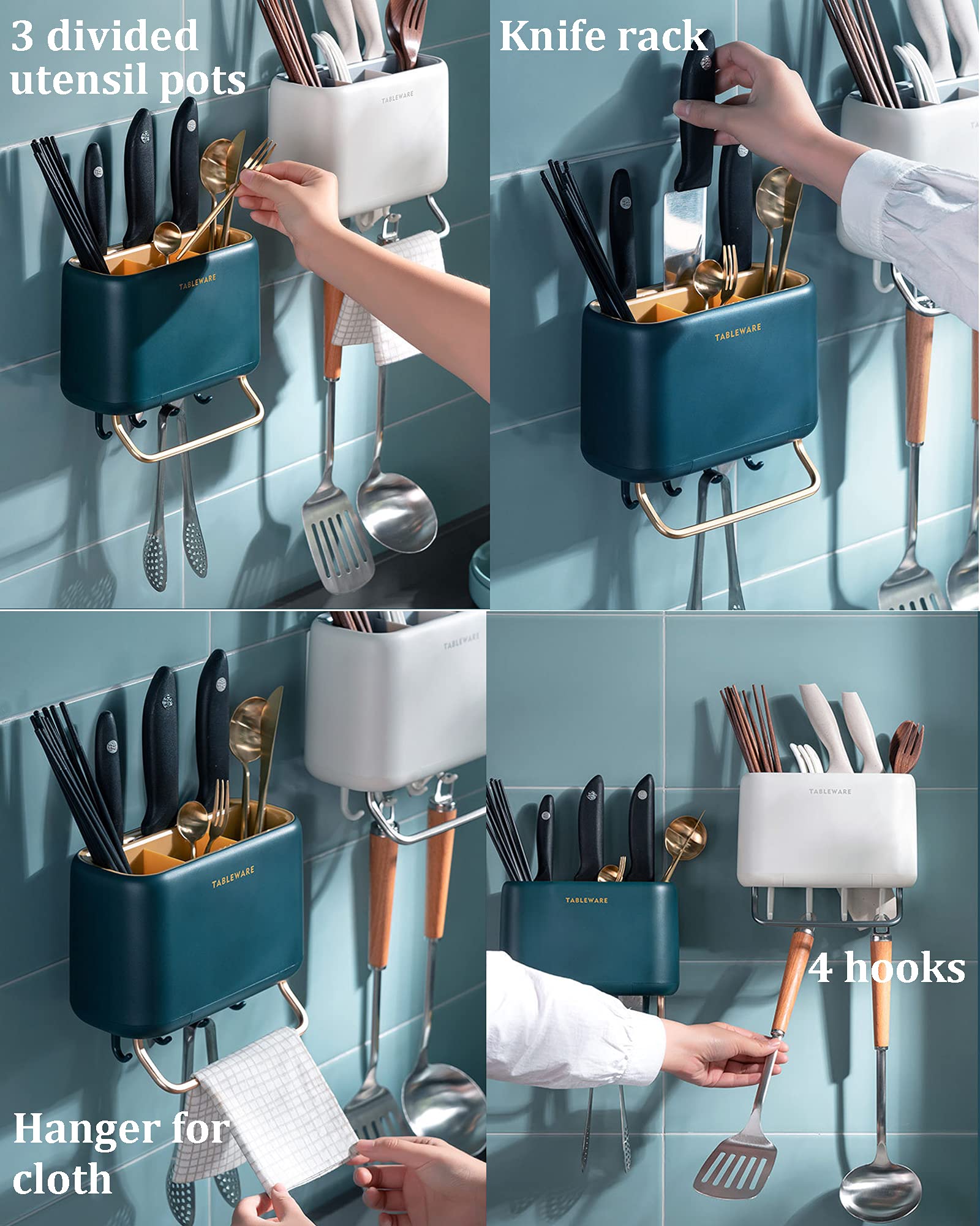 Kitchen Utensil Holder for Wall Hanging White Cooking Utensil Crock with 3 Dividers, Plastic Cutlery Caddy, Practical Utensil Pot for Counter for Fork Spoon Knife Spatula Flatware Silverware
