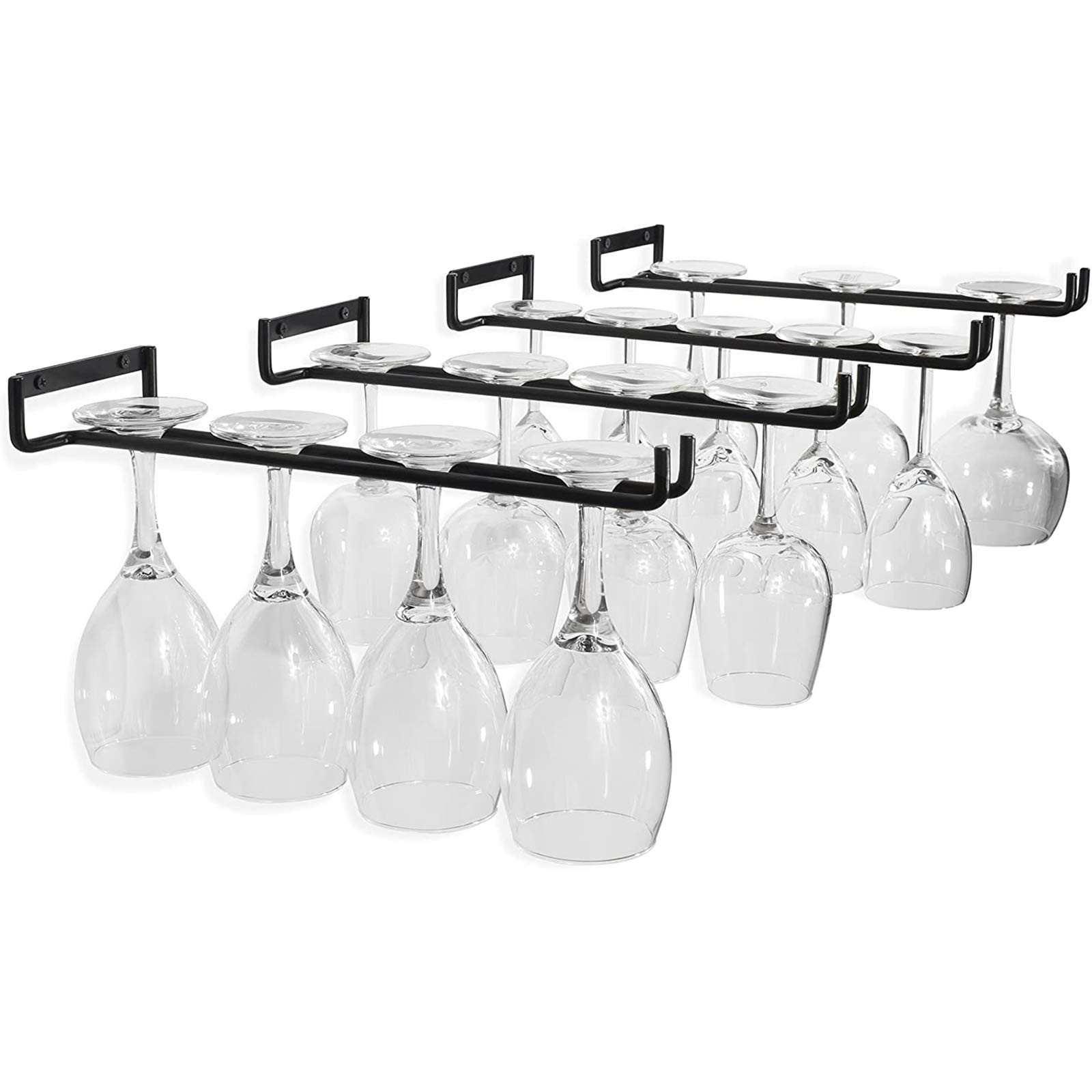 Wine Glass Rack, 11.8 Inch Black Wall Mounted Under Cabinet Wine Glass Holder Iron Wire Glasses Storage Hanger Organizer, Hanging Stemware with 8 Screws & 8 Tubes for Cabinet Kitchen Bar (4 Pack)