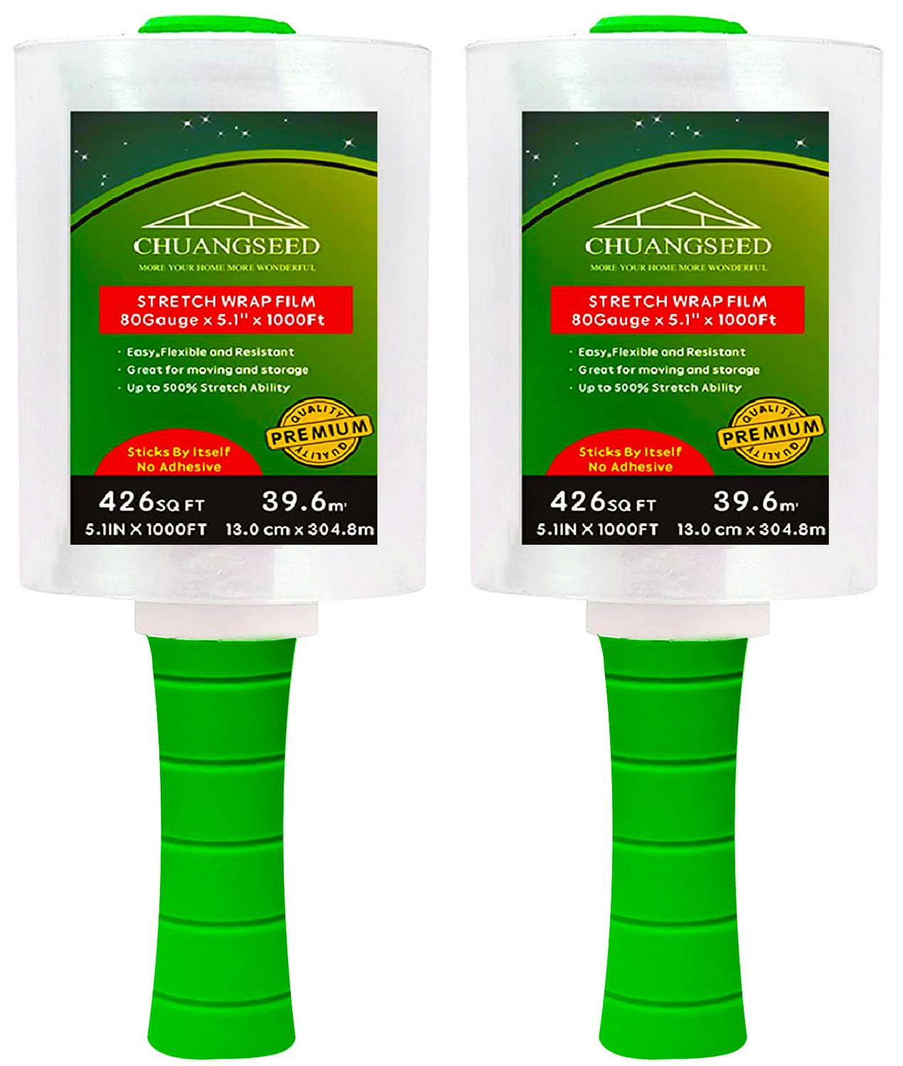2-Pack Industrial Mini Clear Stretch Wrap Film 80 Gauge 5.1" 1000ft for Pallet Wrap with Plastic Handle,Durable Self-Adhering Packing,Moving,Packaging,Heavy Duty Shrink Film Chuangseed