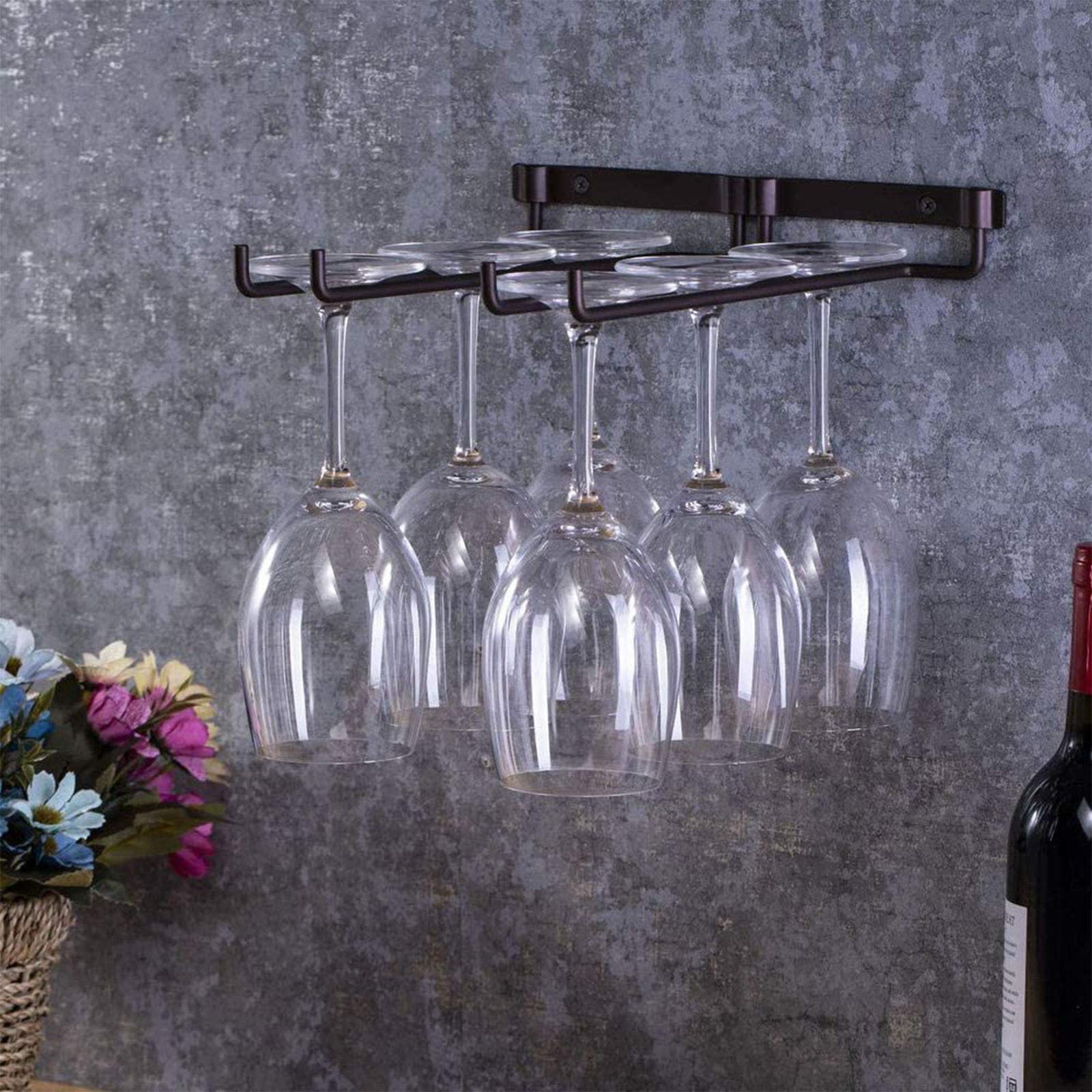 Wine Glass Rack, 11.8 Inch Black Wall Mounted Under Cabinet Wine Glass Holder Iron Wire Glasses Storage Hanger Organizer, Hanging Stemware with 8 Screws & 8 Tubes for Cabinet Kitchen Bar (4 Pack)