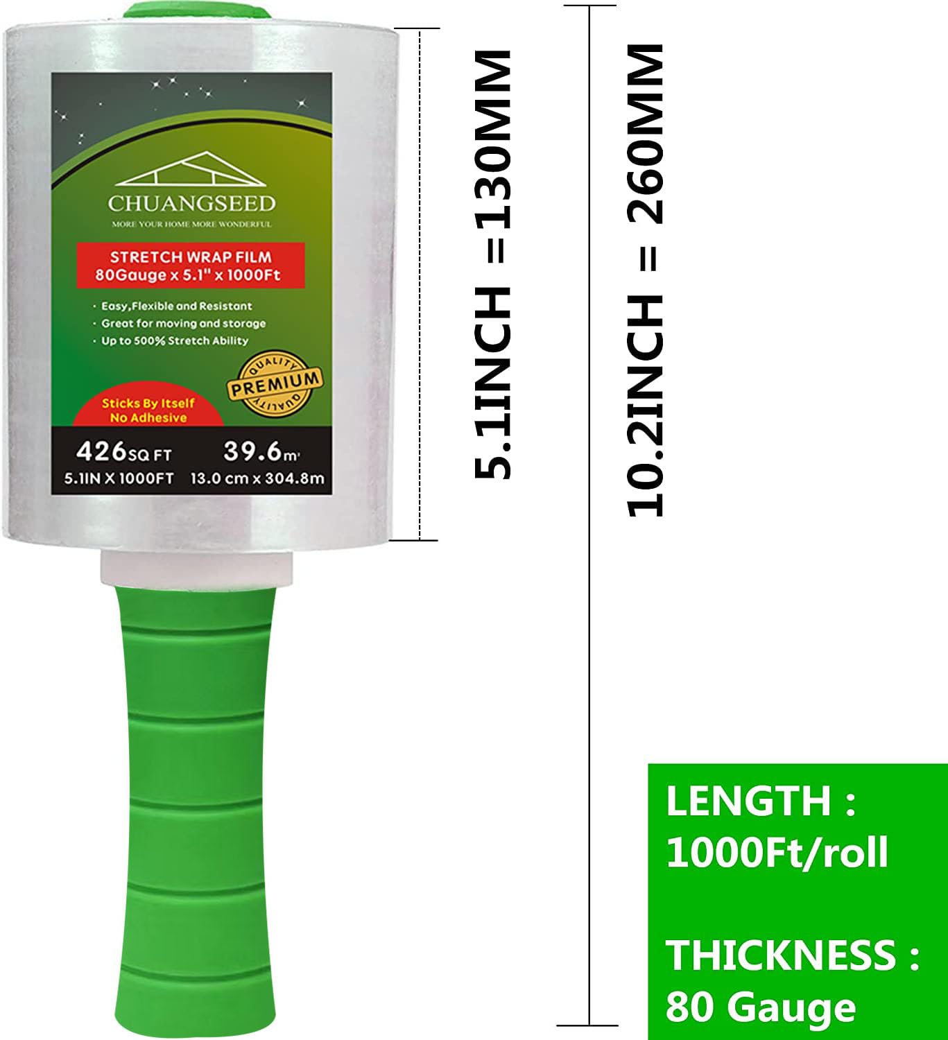 2-Pack Industrial Mini Clear Stretch Wrap Film 80 Gauge 5.1" 1000ft for Pallet Wrap with Plastic Handle,Durable Self-Adhering Packing,Moving,Packaging,Heavy Duty Shrink Film Chuangseed