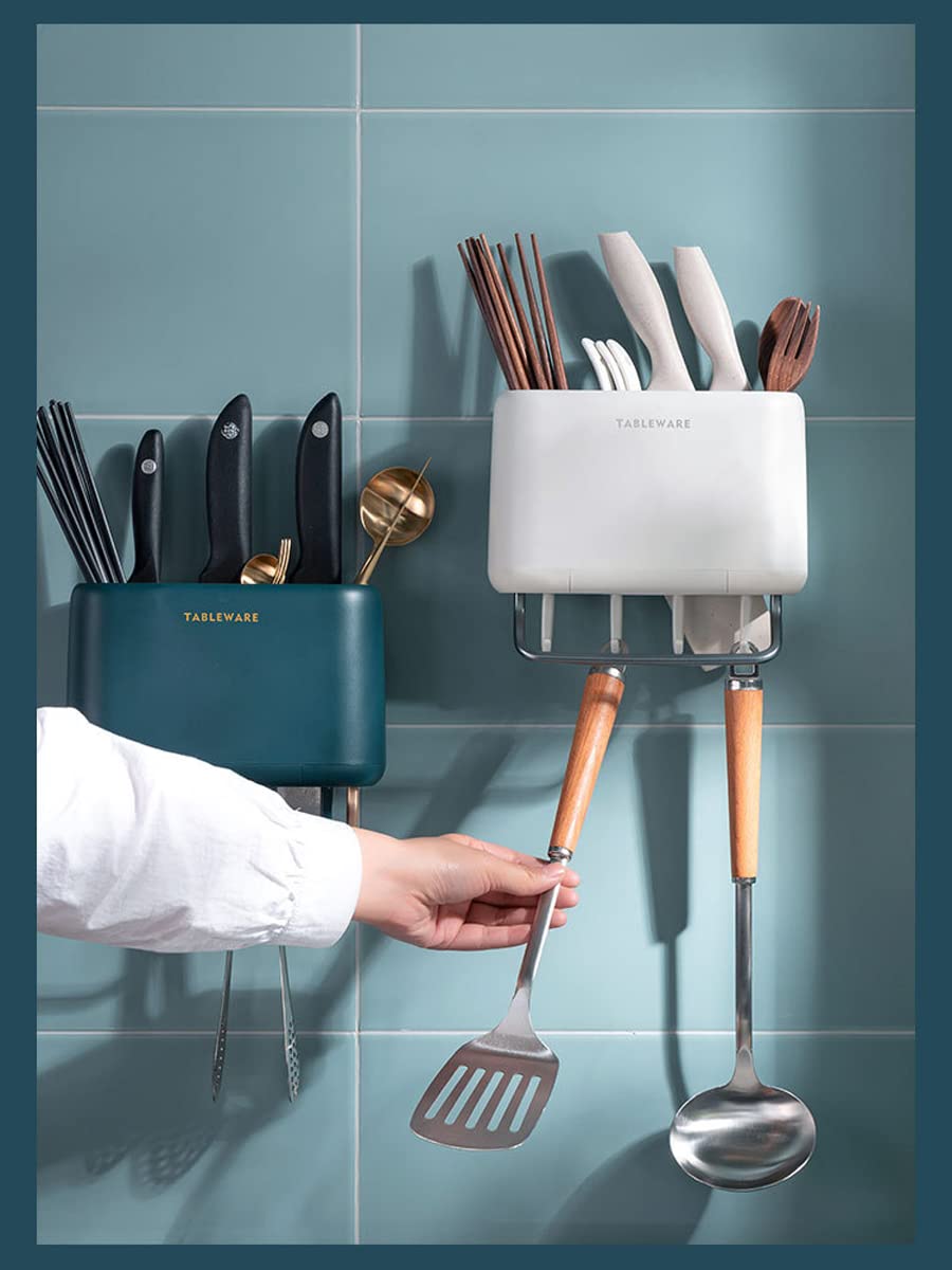 Kitchen Utensil Holder for Wall Hanging White Cooking Utensil Crock with 3 Dividers, Plastic Cutlery Caddy, Practical Utensil Pot for Counter for Fork Spoon Knife Spatula Flatware Silverware