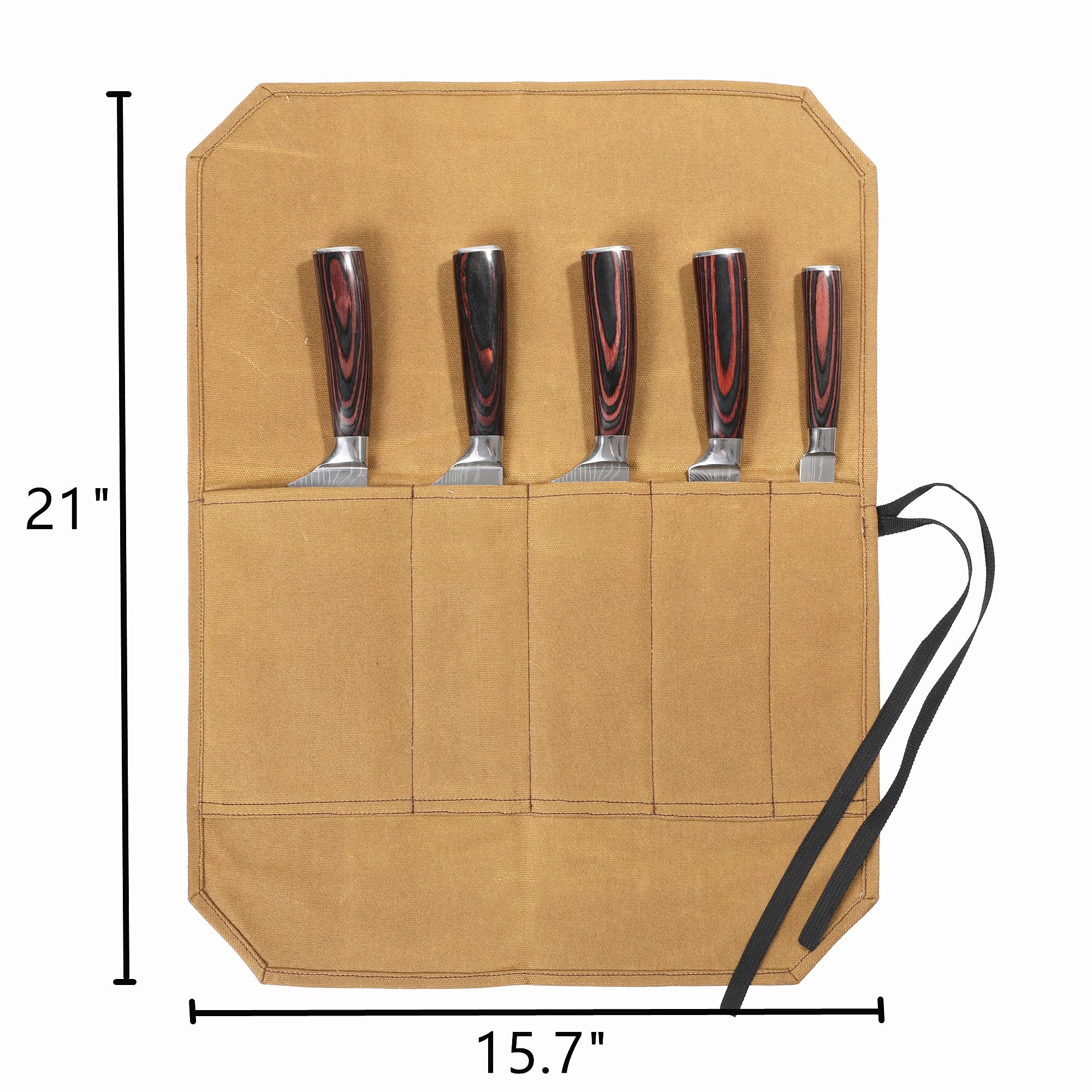 Knife Cases Organizer-Durable Waxed Canvas With Cut Resistant Lining -knife Roll 5 Pockets (Khaki-One)