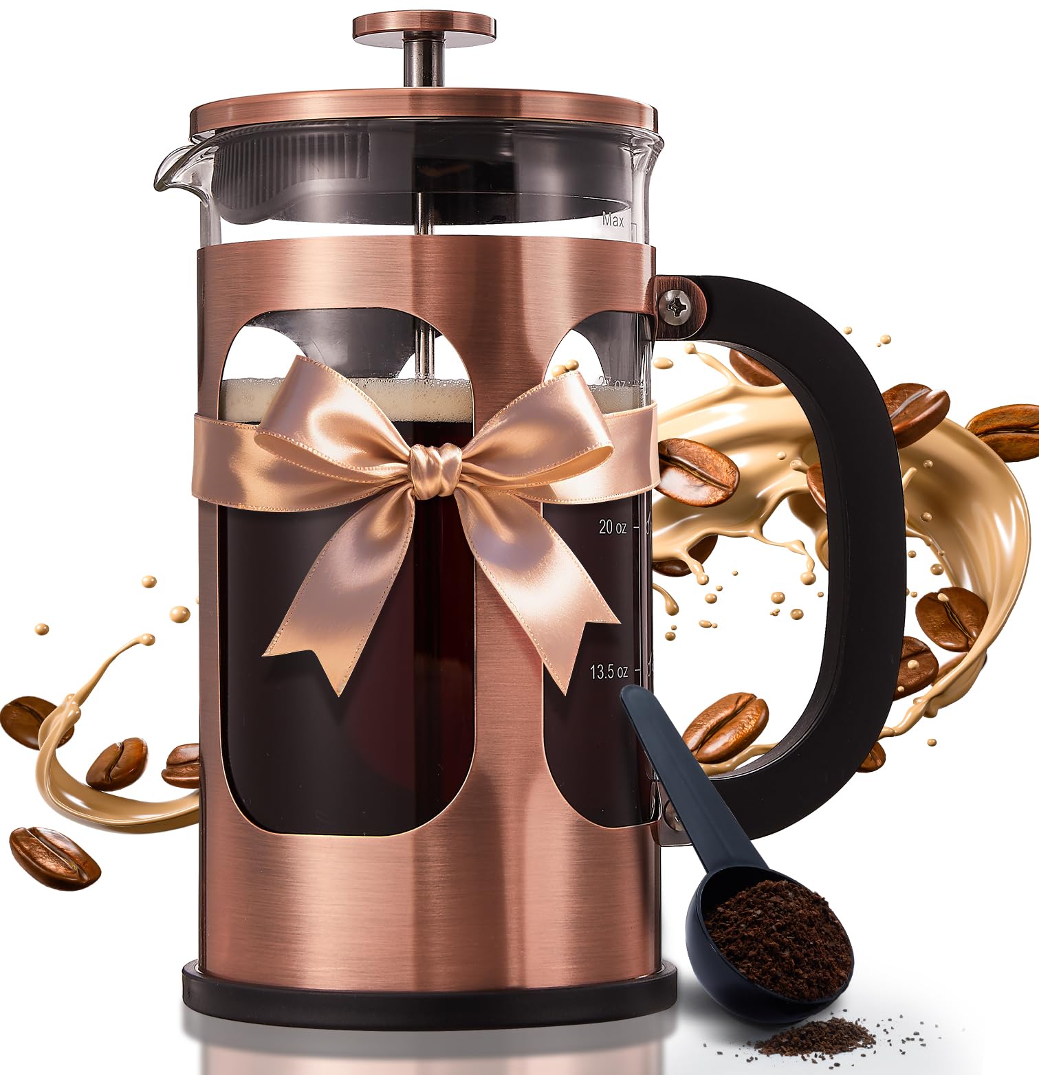 BAYKA French Press Coffee Maker, Glass Classic Copper 304 Stainless Steel Coffee Press, Cold Brew Heat Resistant Thickened Borosilicate Coffee Pot for Camping Travel Gifts, 34 Ounce