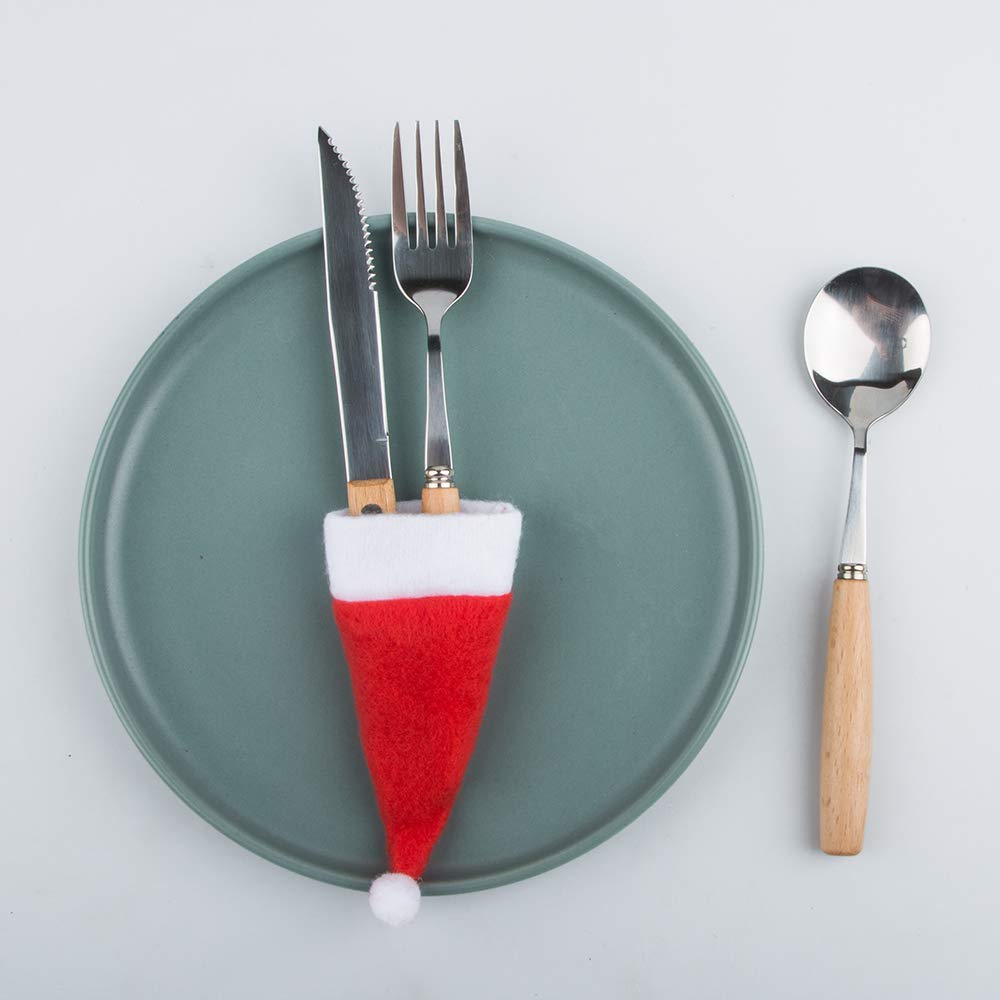 YuCool 20 Pack Christmas Santa Hats Silverware Holders, Mini Pockets Knife Spoon Fork Bags with 10 Pack Mini Christmas Scarf Wine Bottle Decorations Holiday Party Supplies Dinner Table Décor