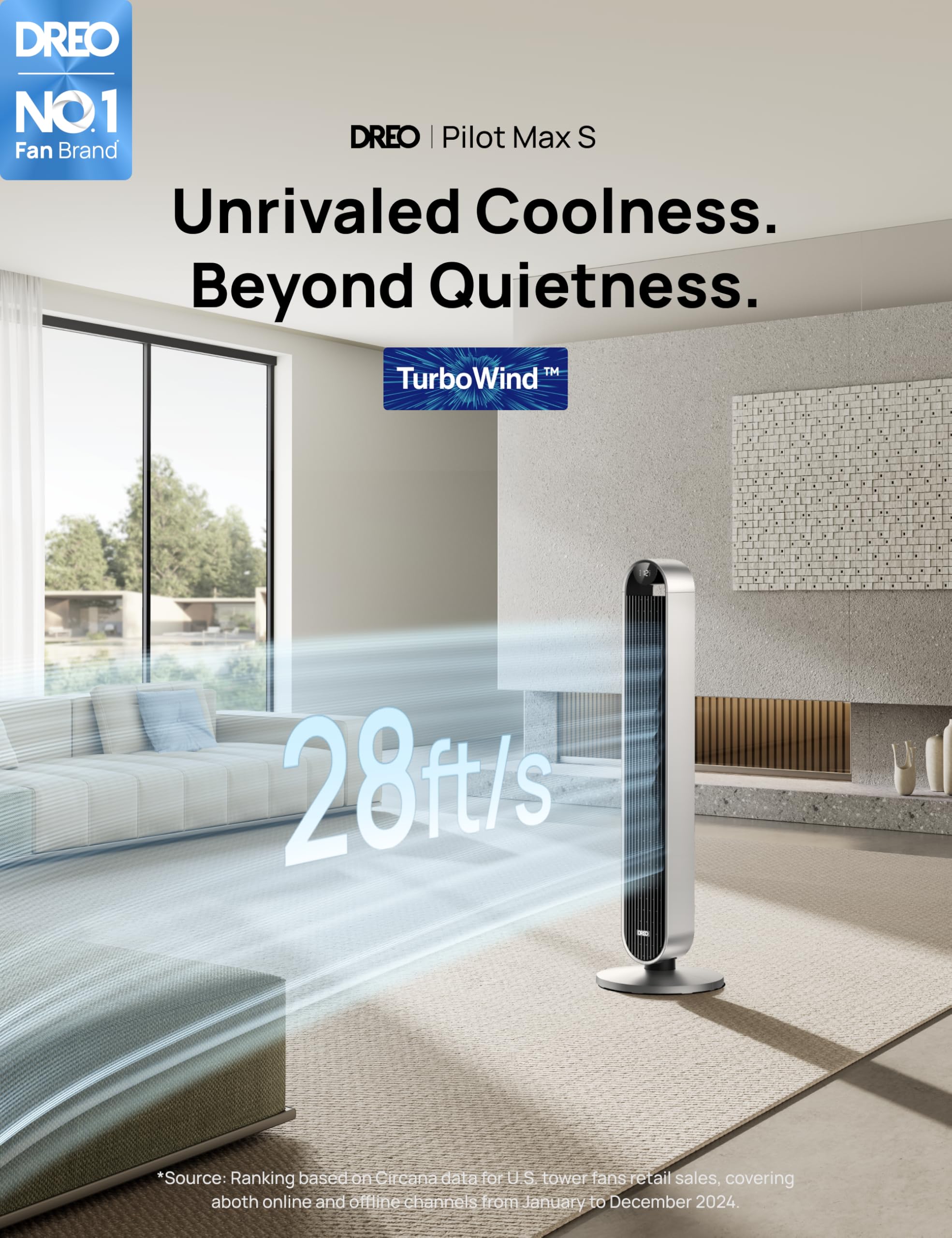 Dreo Pilot Max 120° Oscillating Tower Fan, 42 Inch Bladeless Fan for Bedroom, 25dB Quiet DC Motor, Standing Fan with Remote, 12 Hyper Wind Speeds, 4 Modes, 12H Timer Floor Fans for Home Living Room