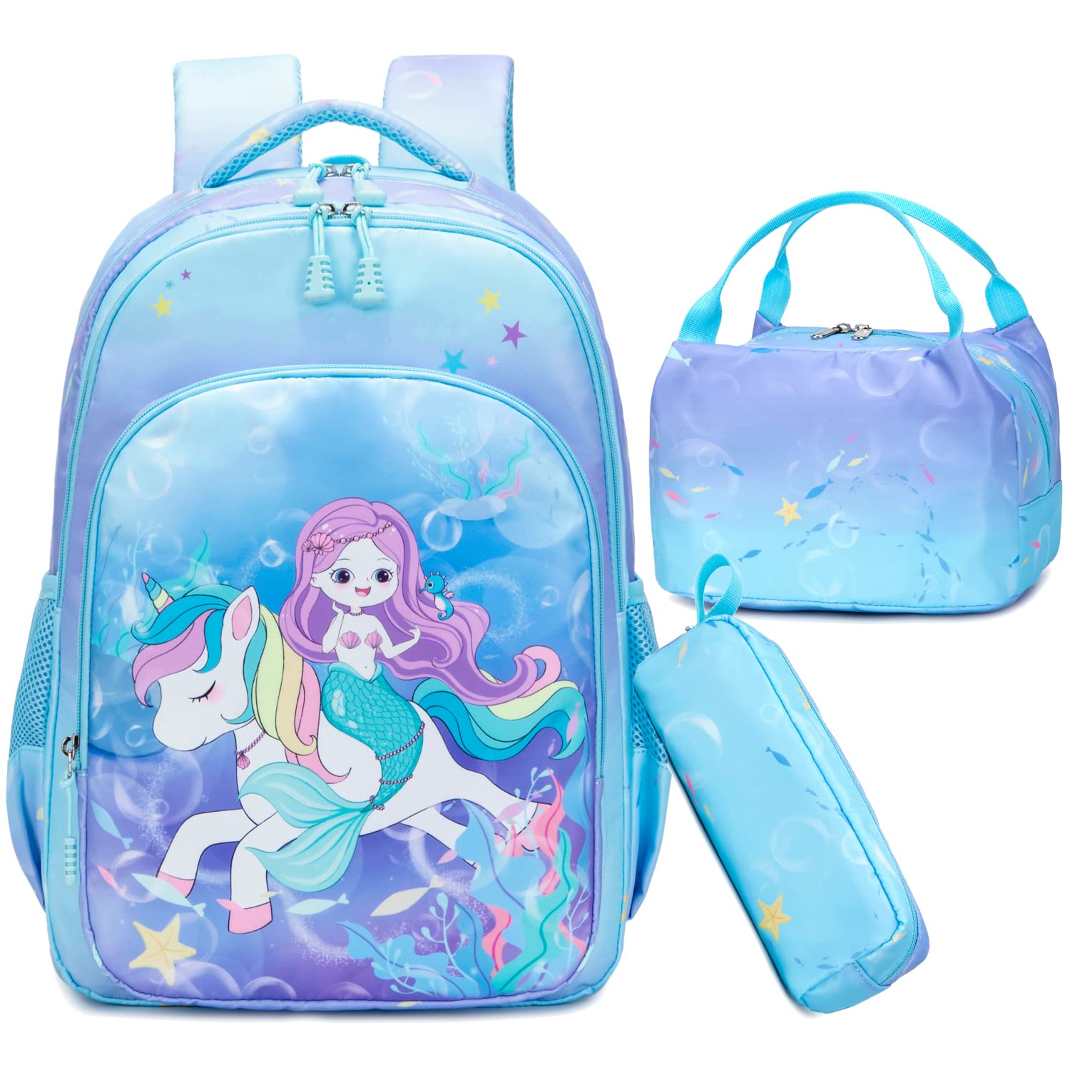 Mermaid Unicorn Backpack for Girls School Backpack for Girls Mermaid Bookbag Large Capacity Water Resistant School Bag 3 Piece Bundle with Insulated Lunch Bag Pencil Case