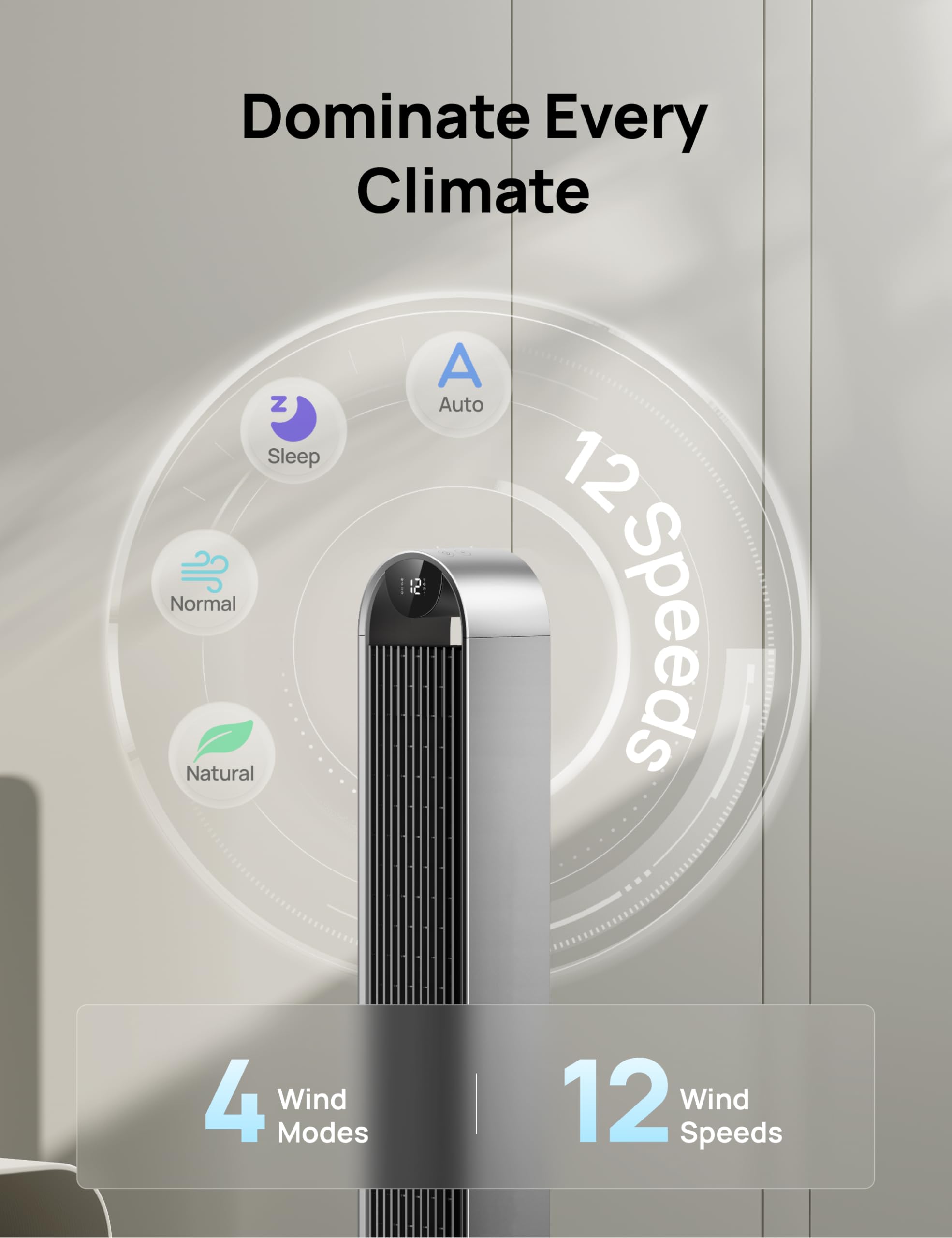Dreo Pilot Max 120° Oscillating Tower Fan, 42 Inch Bladeless Fan for Bedroom, 25dB Quiet DC Motor, Standing Fan with Remote, 12 Hyper Wind Speeds, 4 Modes, 12H Timer Floor Fans for Home Living Room