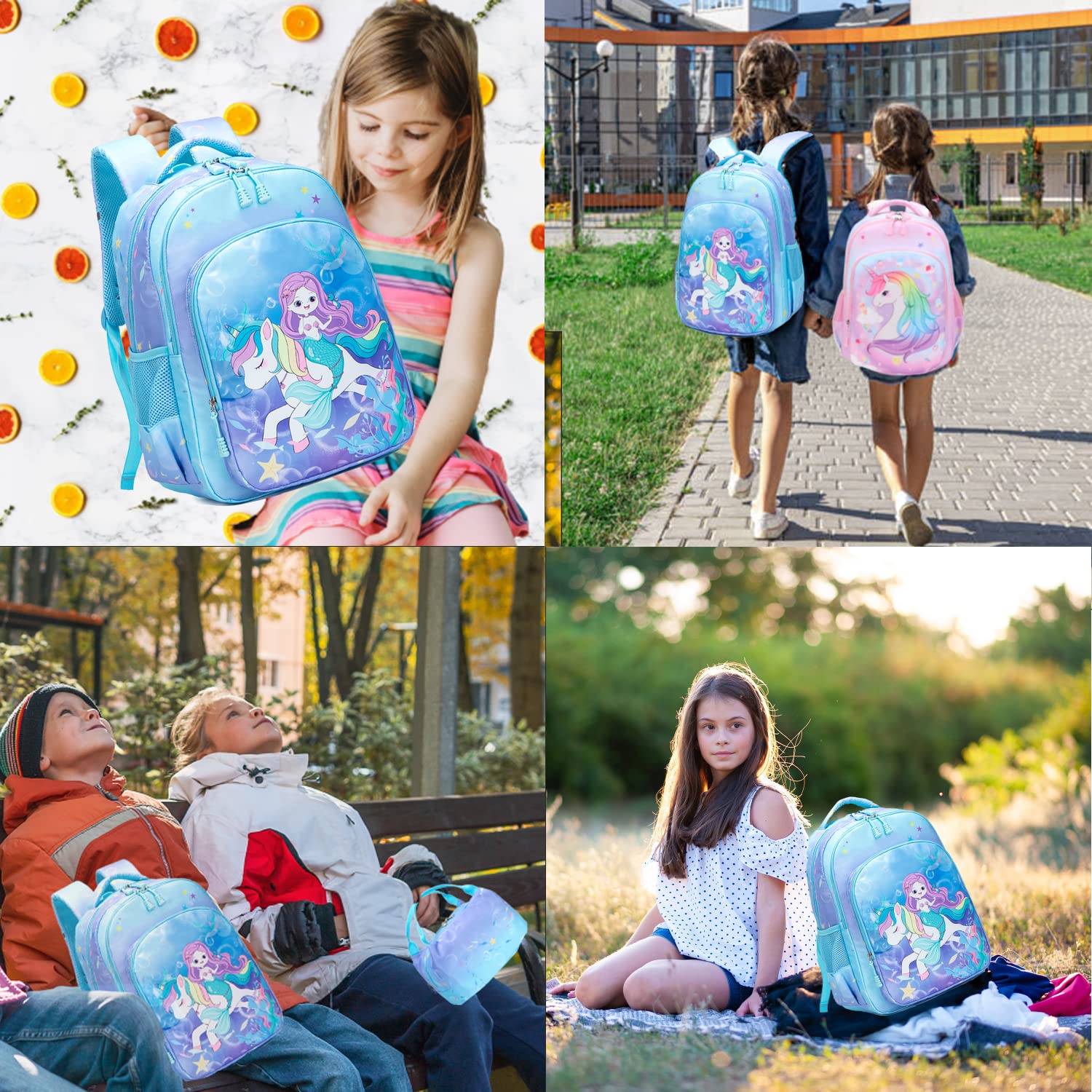 Mermaid Unicorn Backpack for Girls School Backpack for Girls Mermaid Bookbag Large Capacity Water Resistant School Bag 3 Piece Bundle with Insulated Lunch Bag Pencil Case