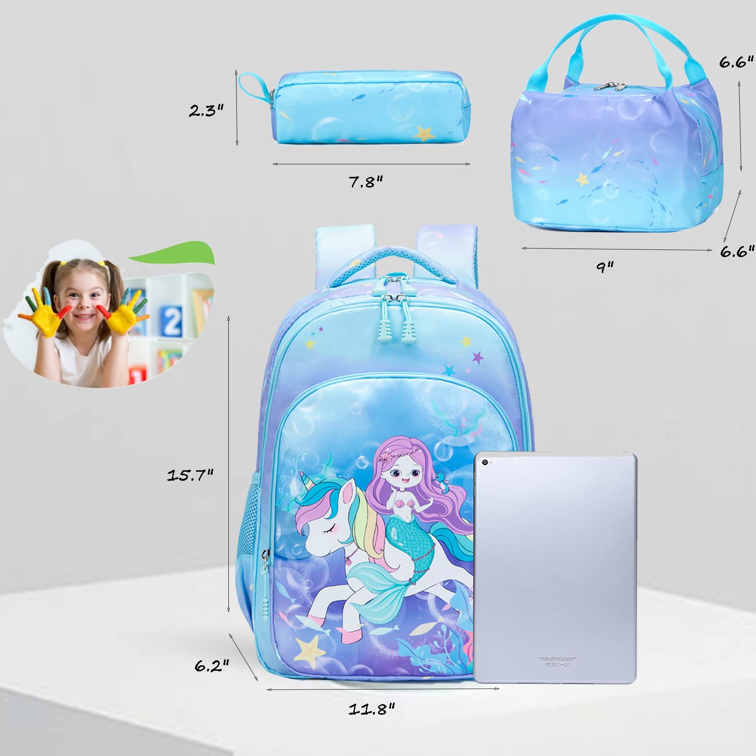 Mermaid Unicorn Backpack for Girls School Backpack for Girls Mermaid Bookbag Large Capacity Water Resistant School Bag 3 Piece Bundle with Insulated Lunch Bag Pencil Case