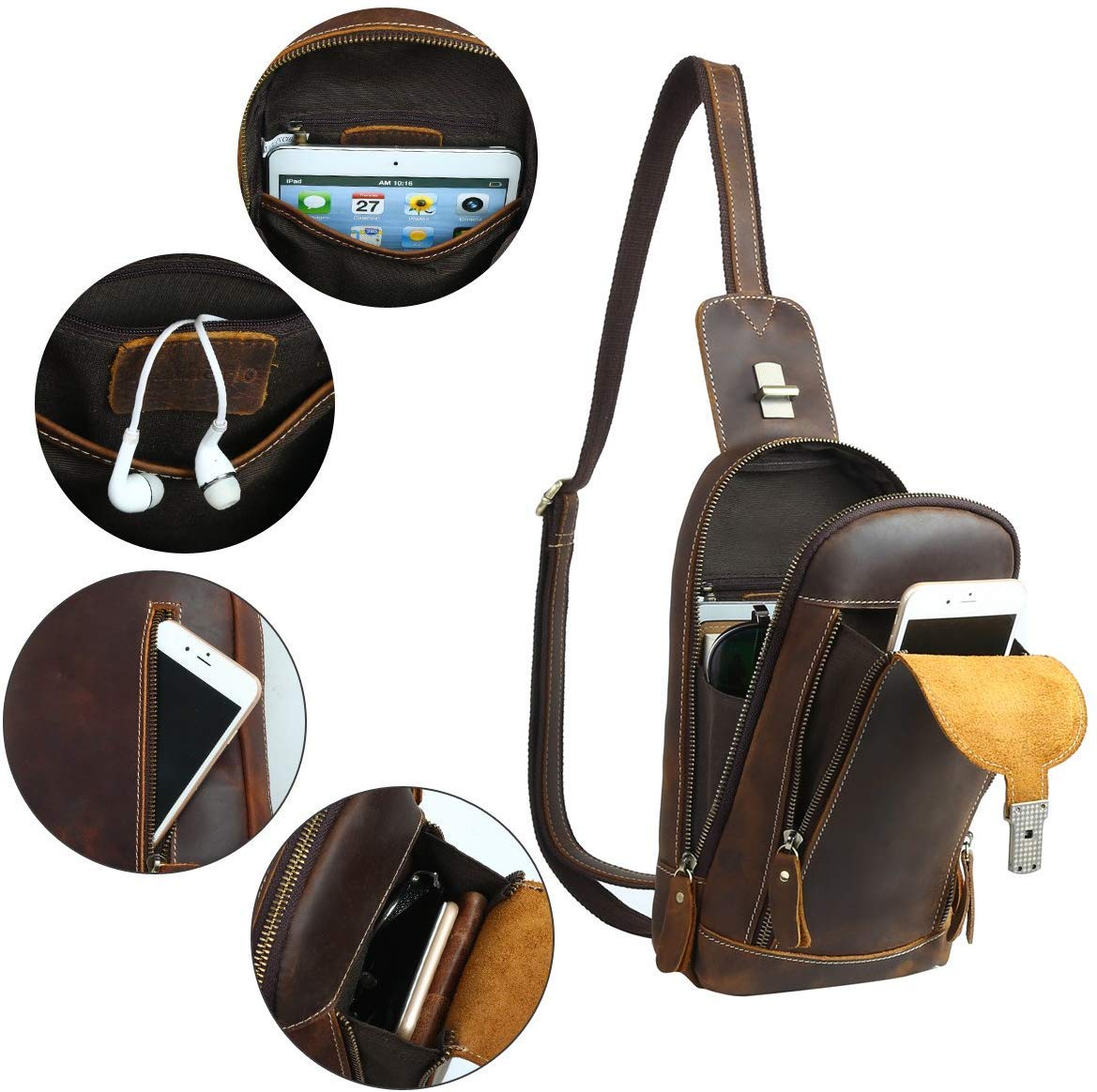Leathario Men's Leather Sling bag Chest bag One shoulder bag Crossbody Bag Backpack for men