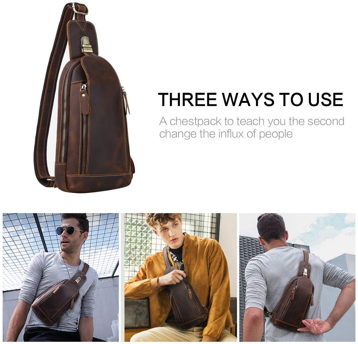 Leathario Men's Leather Sling bag Chest bag One shoulder bag Crossbody Bag Backpack for men