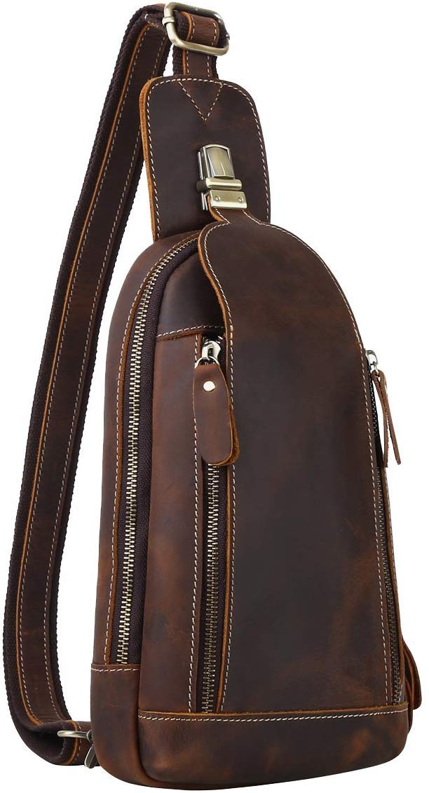 Leathario Men's Leather Sling bag Chest bag One shoulder bag Crossbody Bag Backpack for men