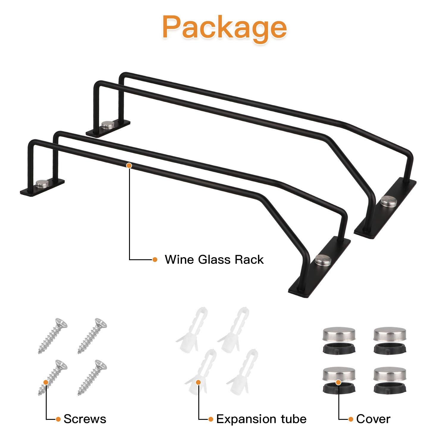 10.8 Inch Long Single Rail Wine Glass Rack Under Cabinet Cupboard, Yimerlen Metal Stemware Holder Wine Glass Holder Wine Glass Hanger for RV Mini Bar Kitchen Storage (Black- 2 Pack)