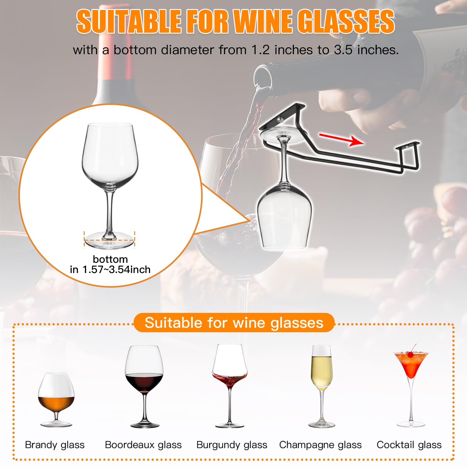 10.8 Inch Long Single Rail Wine Glass Rack Under Cabinet Cupboard, Yimerlen Metal Stemware Holder Wine Glass Holder Wine Glass Hanger for RV Mini Bar Kitchen Storage (Black- 2 Pack)