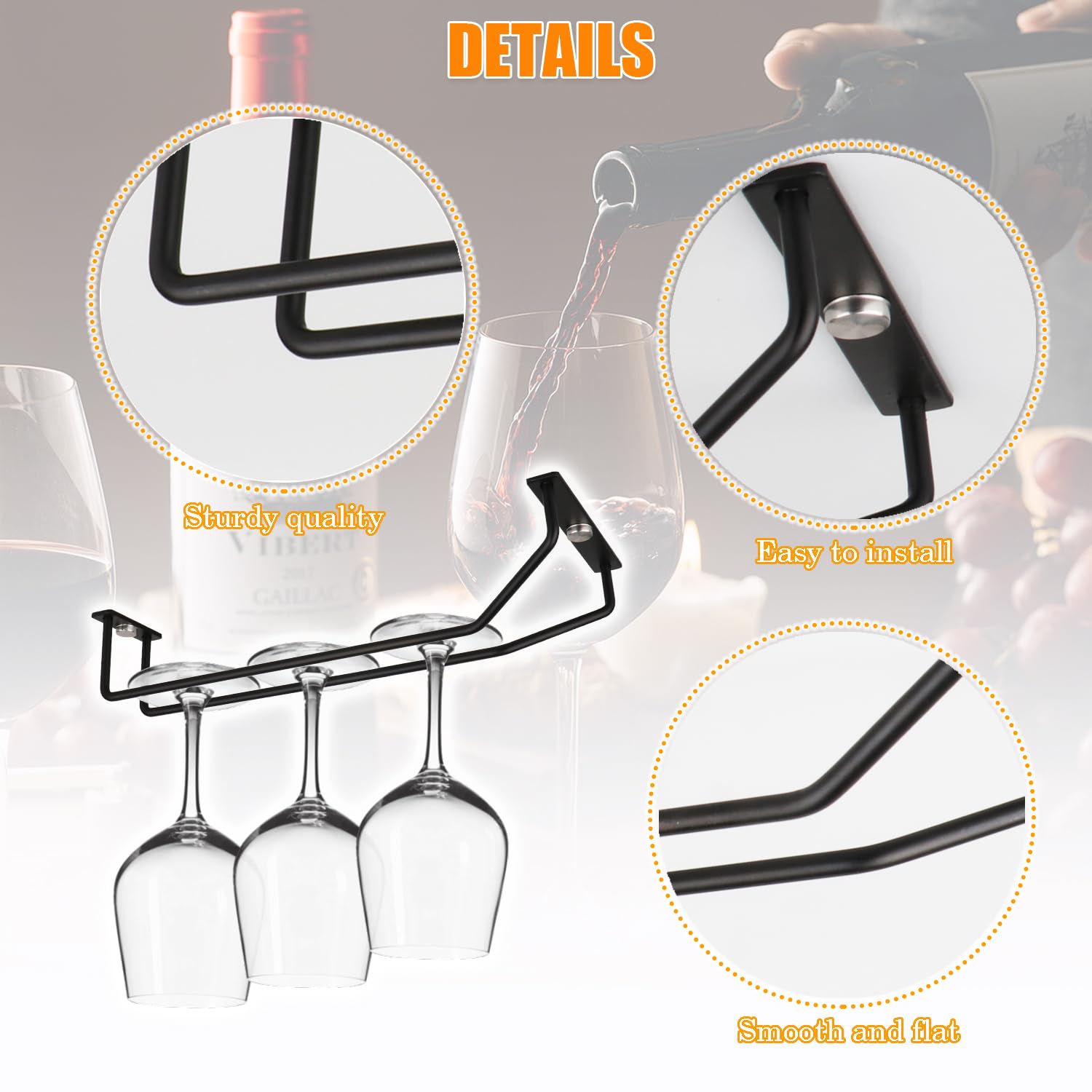 10.8 Inch Long Single Rail Wine Glass Rack Under Cabinet Cupboard, Yimerlen Metal Stemware Holder Wine Glass Holder Wine Glass Hanger for RV Mini Bar Kitchen Storage (Black- 2 Pack)